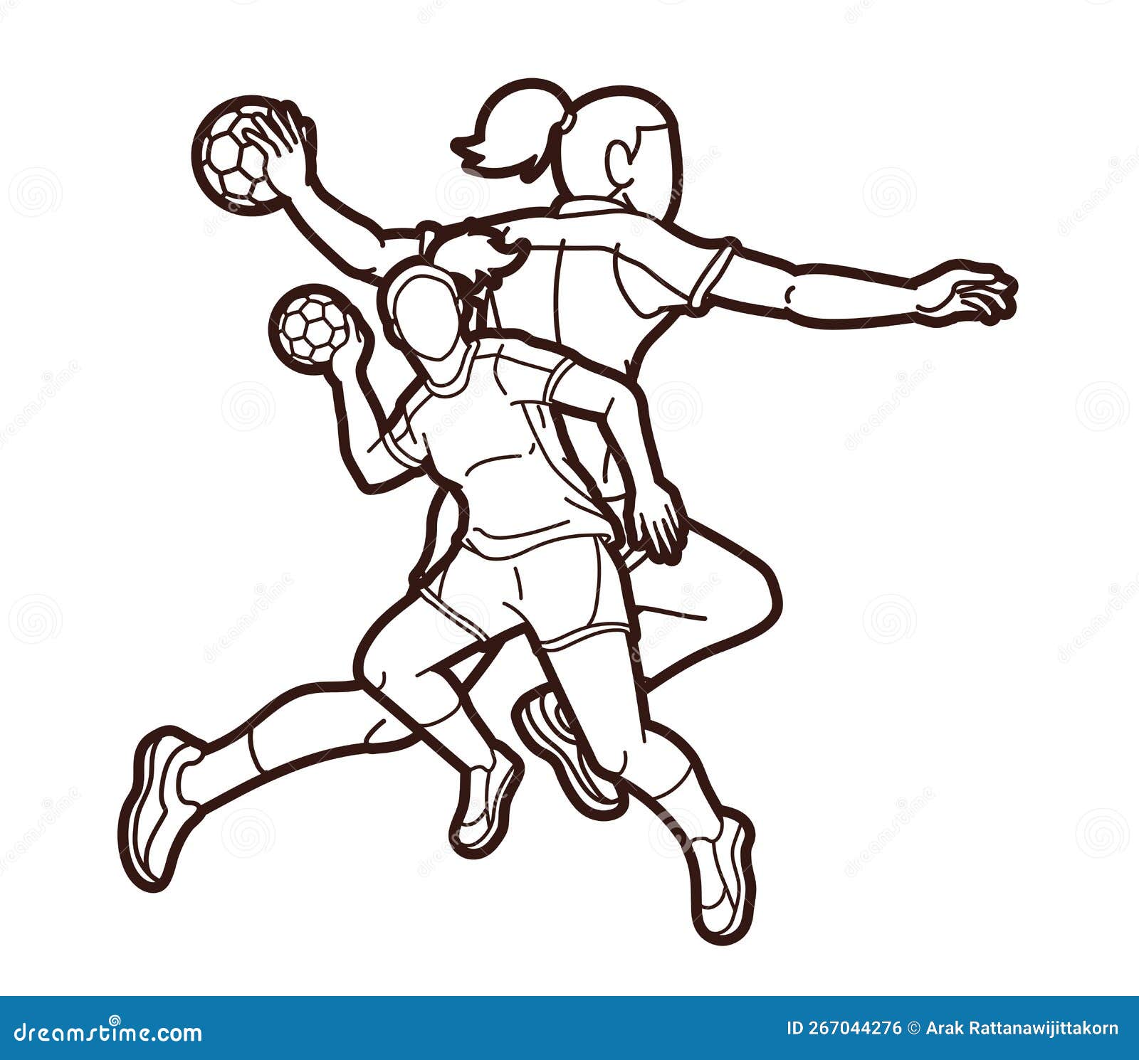 Handball Sport Female Players Mix Action Cartoon Graphic Vector Stock ...