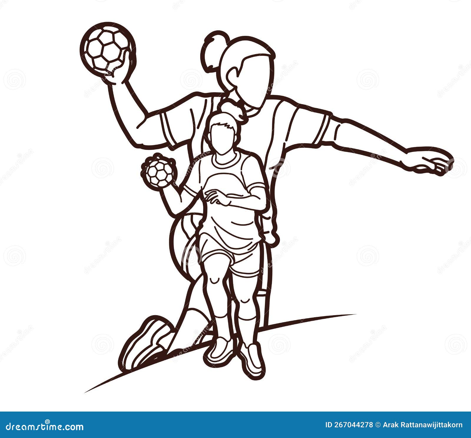 Handball Sport Female Players Mix Action Cartoon Graphic Vector Stock ...