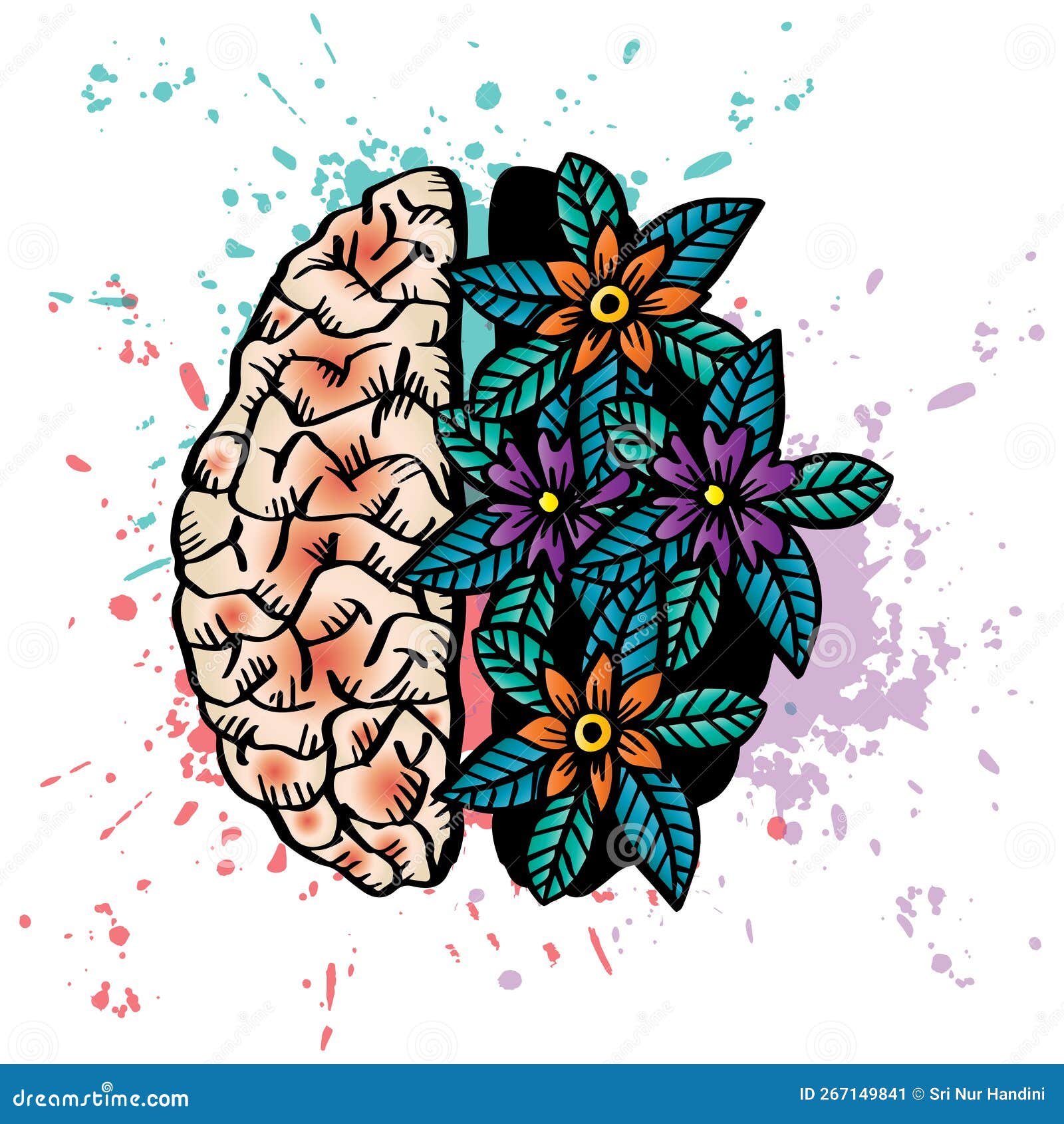 Doodle Human Brain with Floral Decoration Stock Vector - Illustration ...
