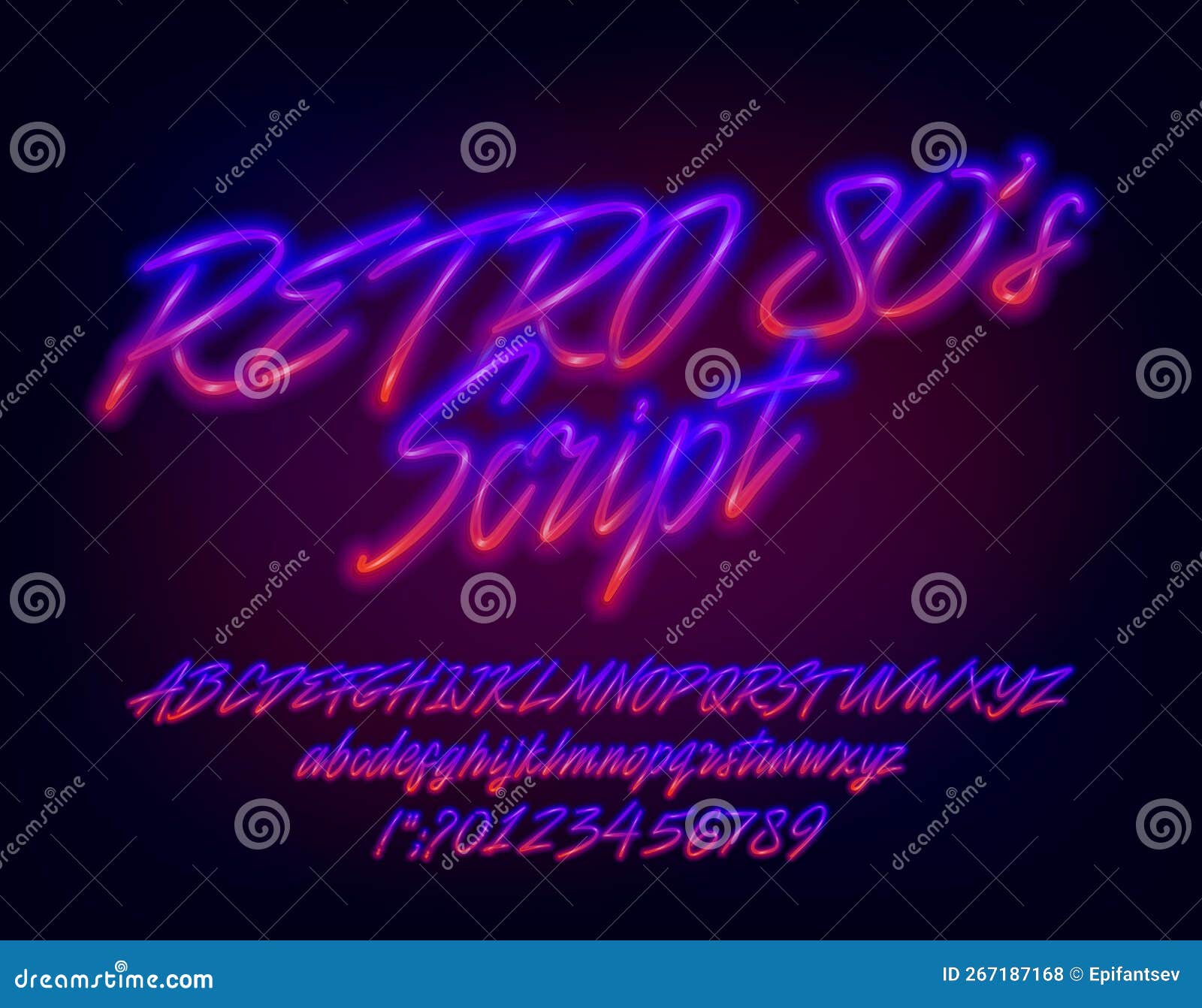 Retro 80s Script Alphabet Font. Glowing Neon Letters and Numbers Stock ...