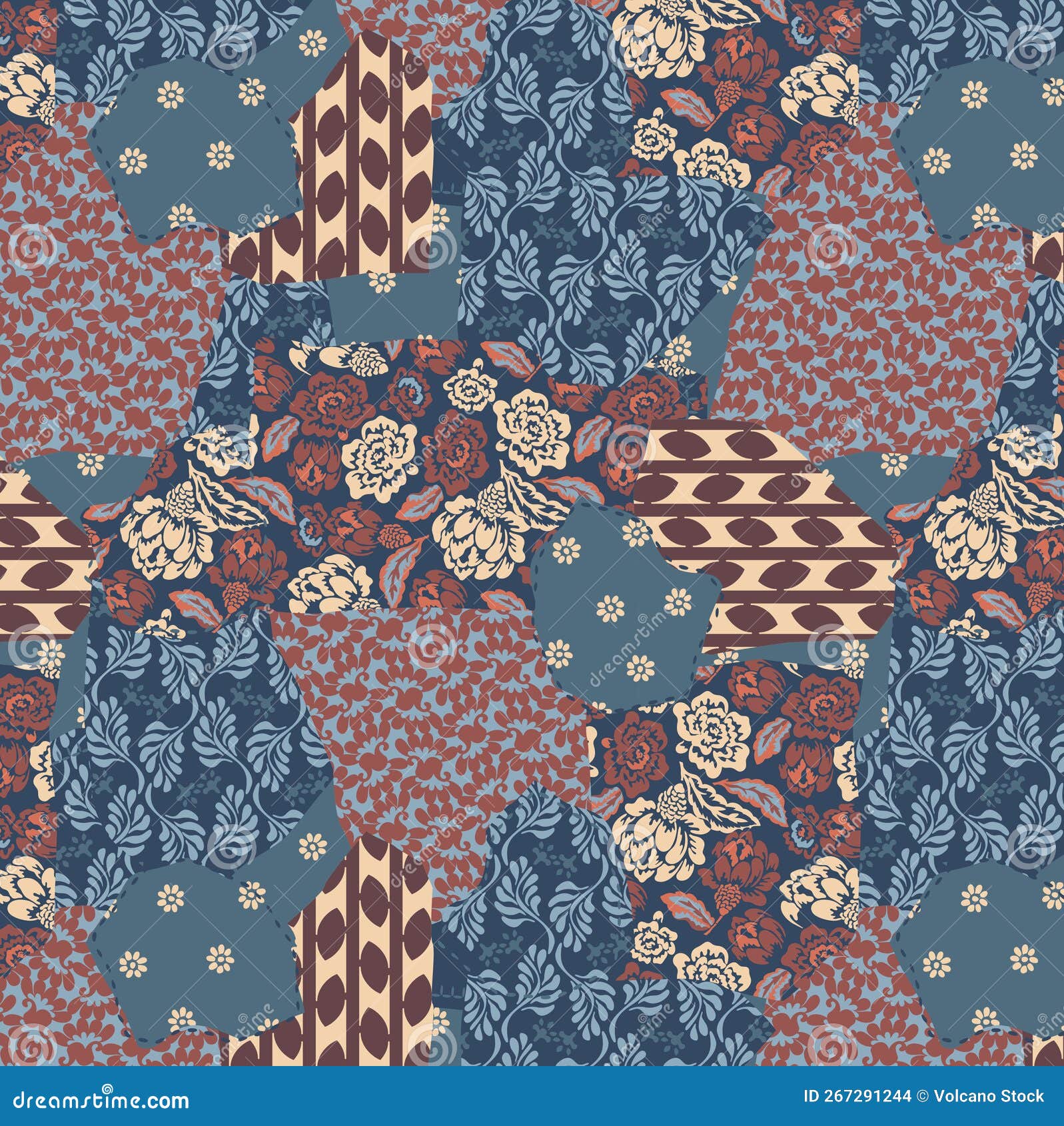 Ethnic, Floral and Geometric Motifs Fabric Patchwork Abstract Vector ...