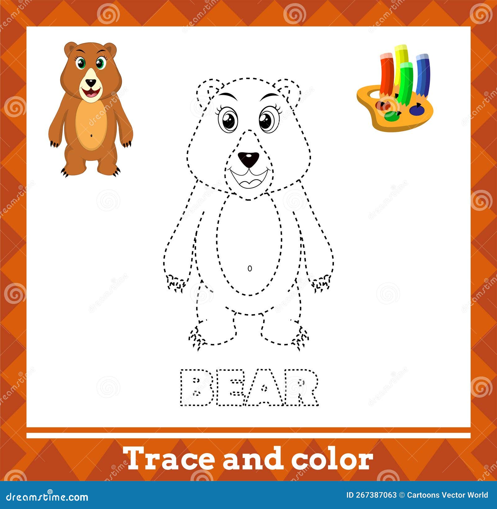 Trace and Color for Kids, Bear Vector Kids Activity Page Stock Vector ...