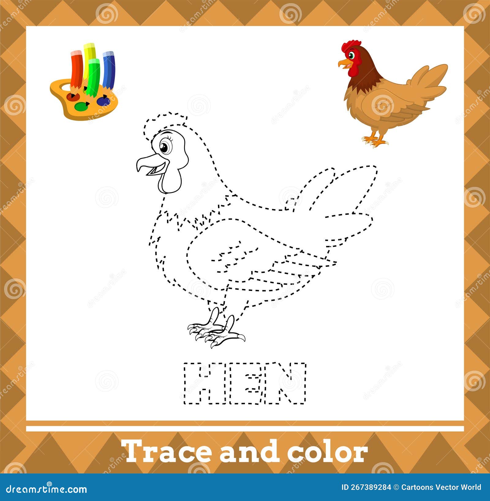 Trace and Color for Kids, Hen Vector Kids Activity Page Stock Vector ...