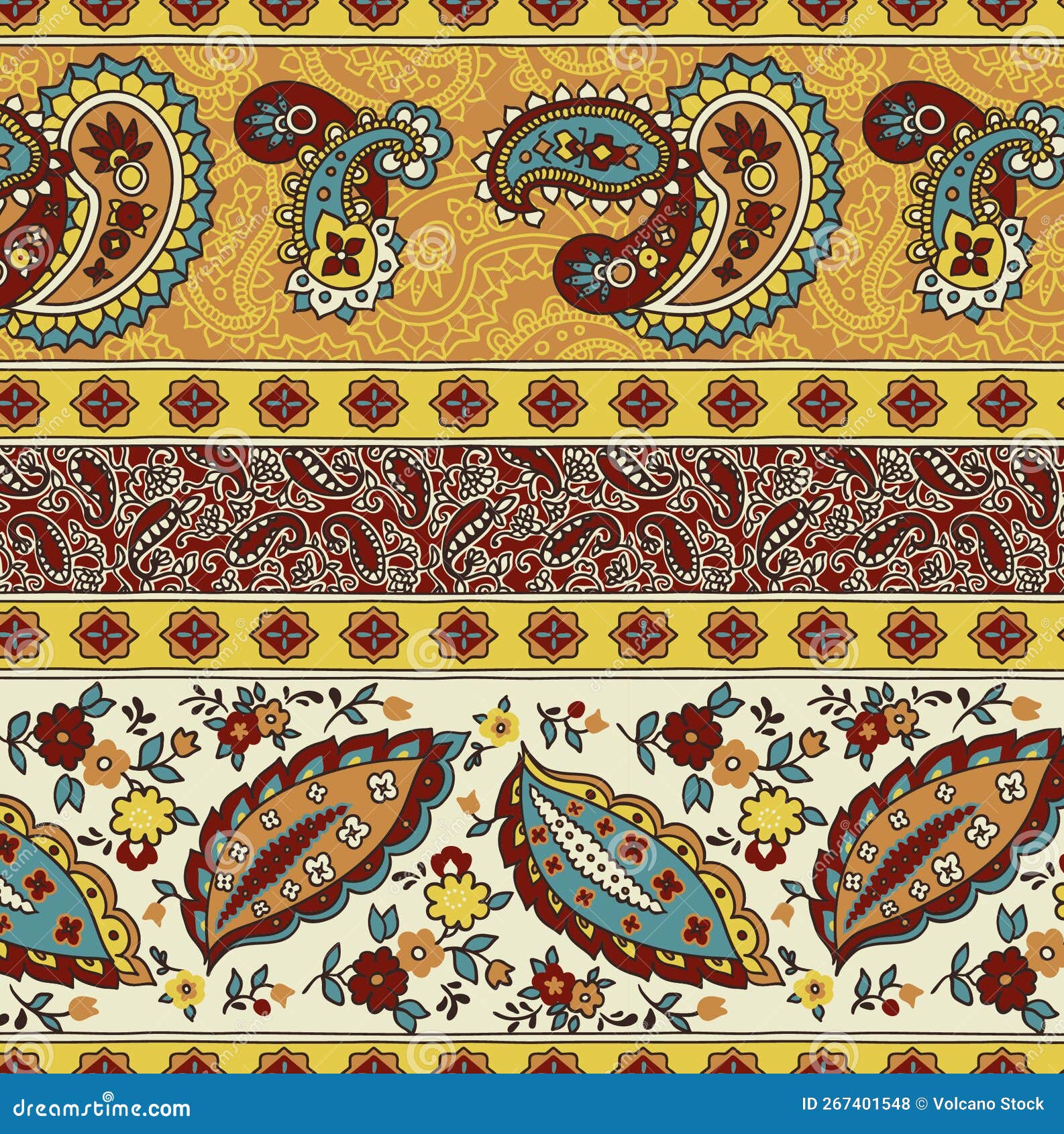 Striped Seamless Pattern with Paisley. Floral Wallpaper. Stock Vector ...