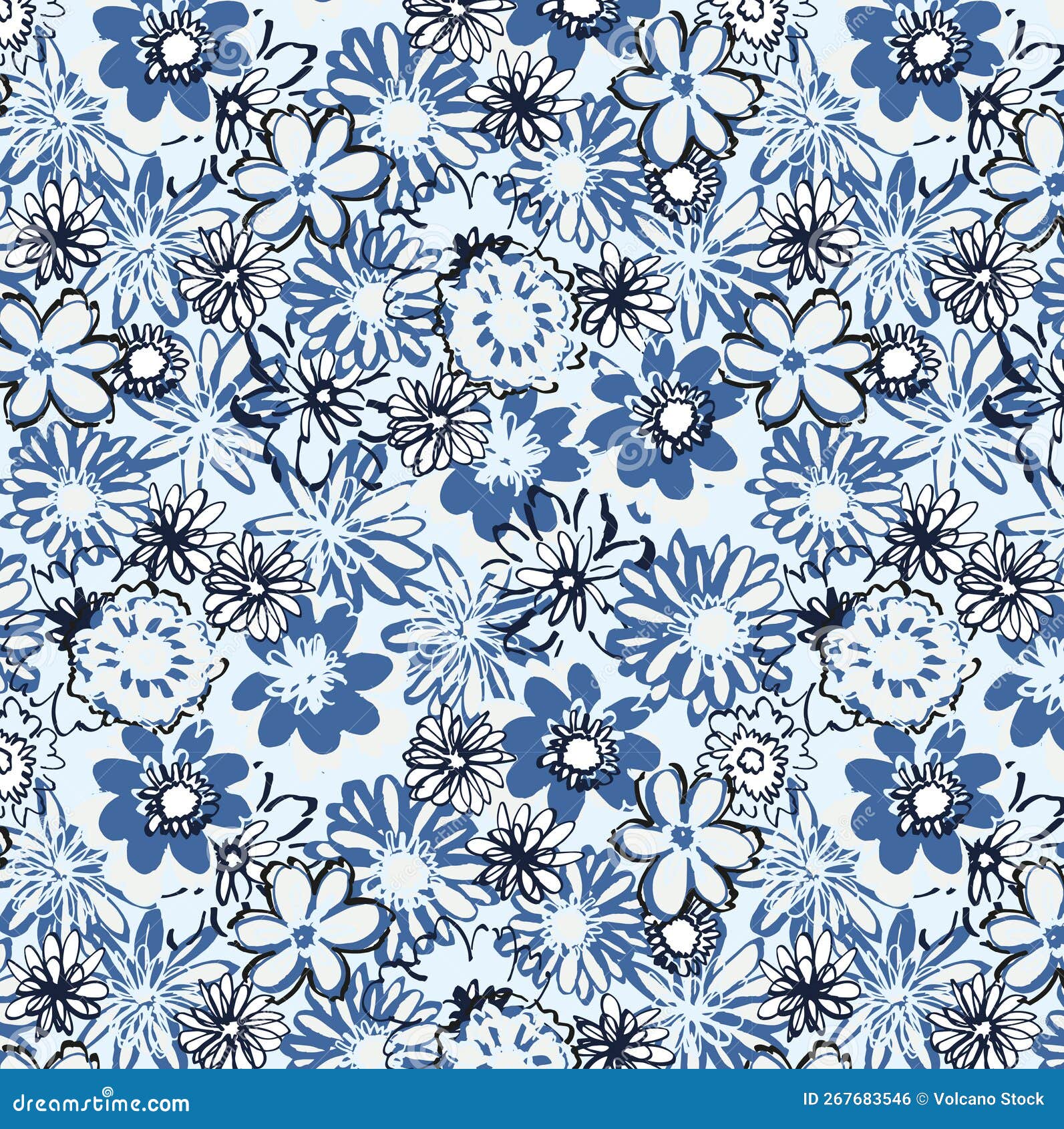 Seamless Hand-drawn Blue Flower Pattern. Stock Vector - Illustration of ...