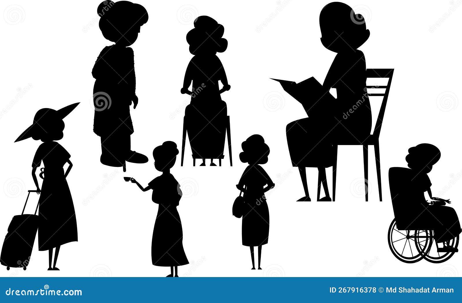 Old Woman Silhouette, Old Woman Silhouette Set, Stock Illustration ...