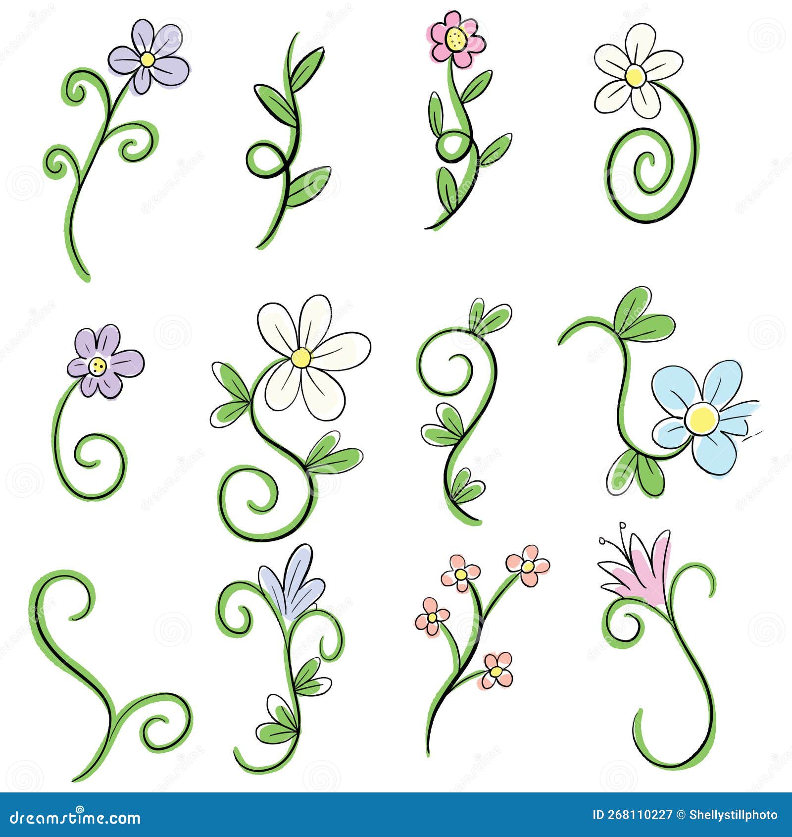 Floral Line Art Flowers And Leaves Doodle Illustrations In Vector Stock