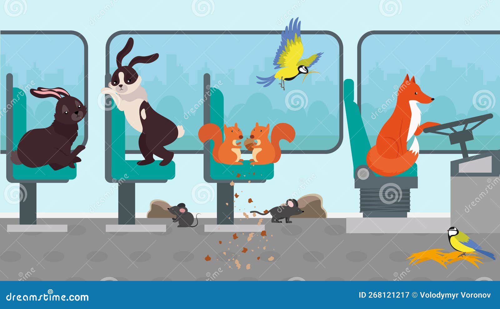 Rabbit, Fox, Squirrel, Parrot, Mouses and Bird in Bus. Vector ...