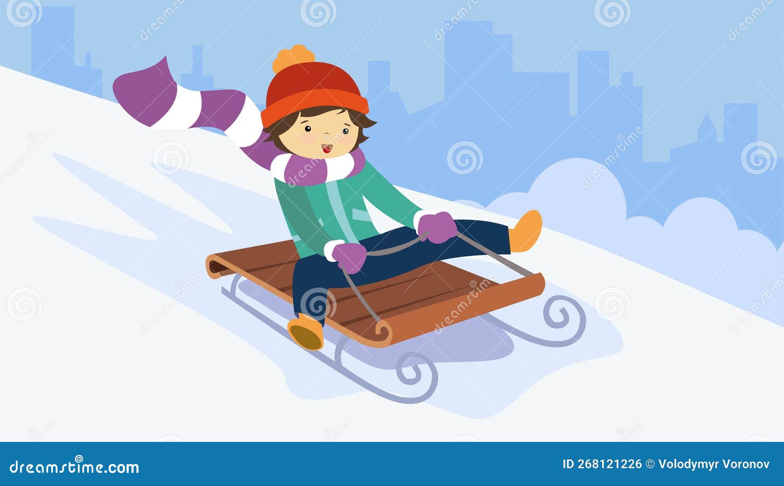 Little Boy Rides On A Sledding On The Snow, Winter. Male Kids Character ...