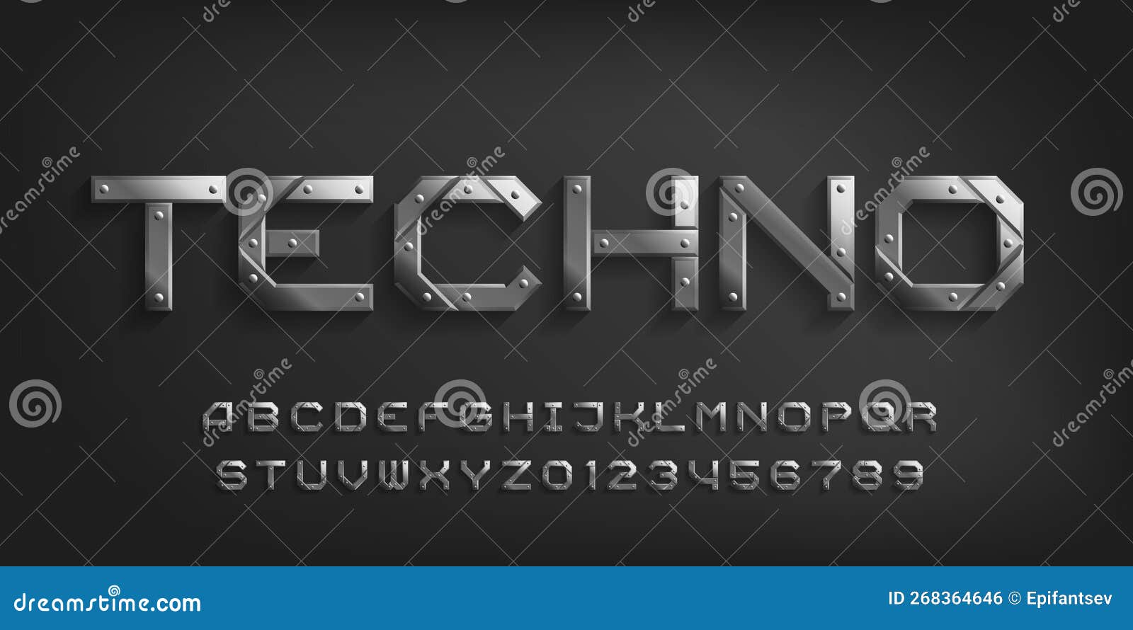 Techno Alphabet Font. Metal Letters and Numbers with Rivets Stock ...