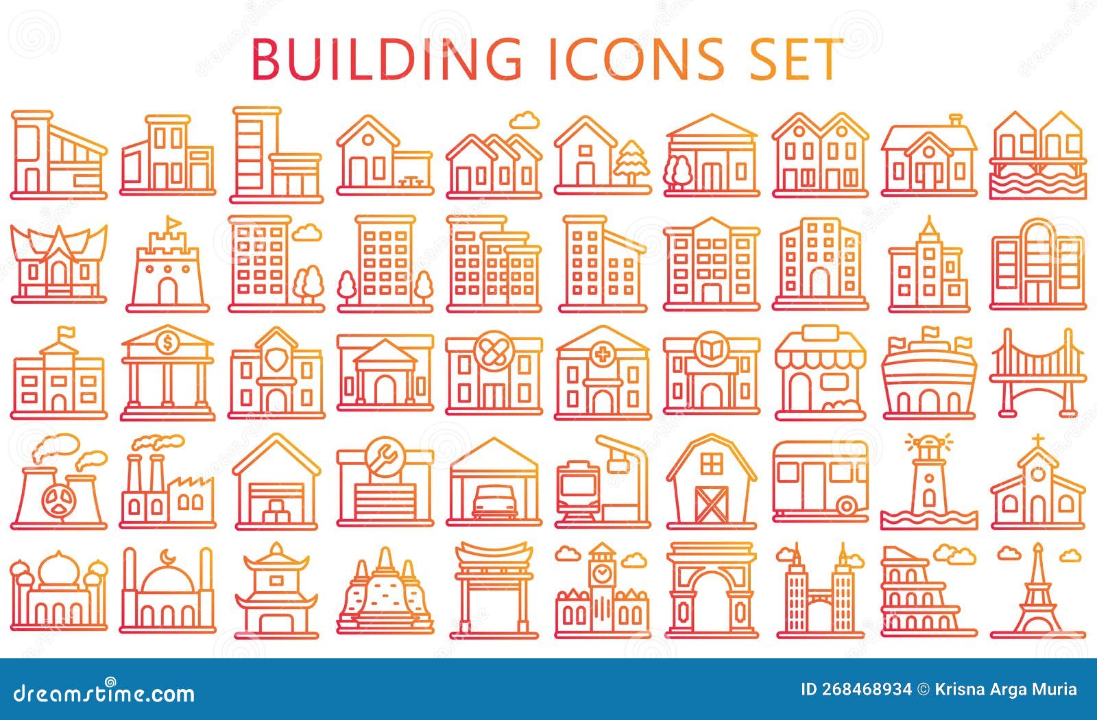 Building and Landmark Gradient Outline Icons Set Stock Vector ...