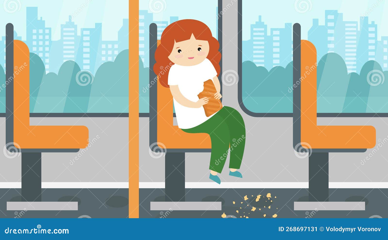 Girl Sitting on the Bus, Eating a Sandwich and Waiting for the Train ...