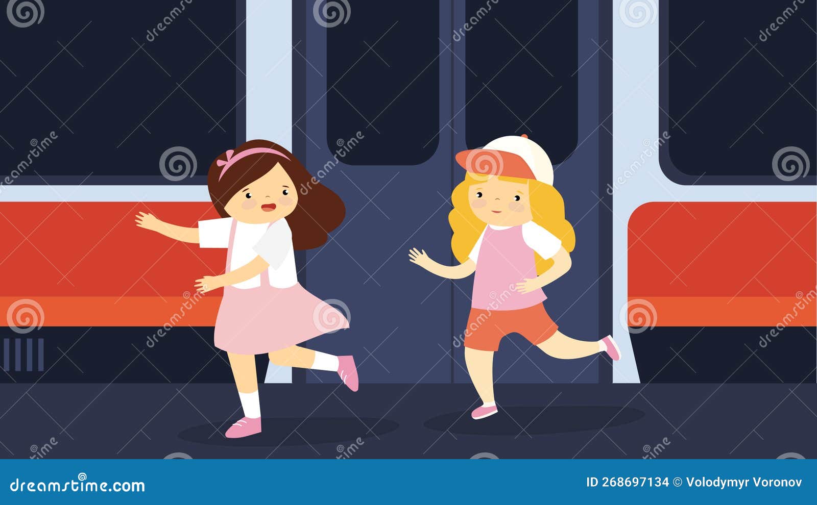 Cute Little Girls Running in the Subway Stock Vector - Illustration of ...