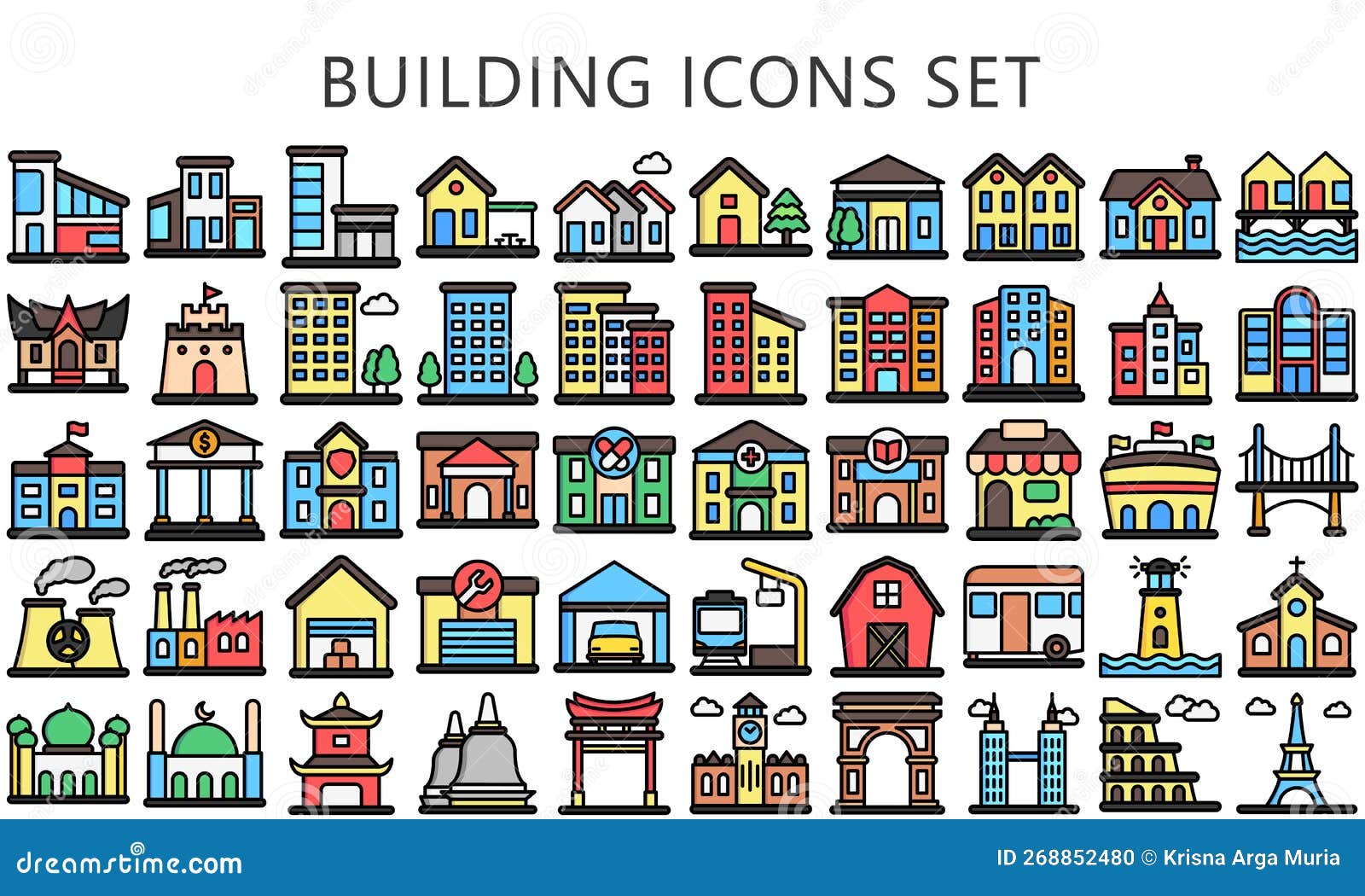 Building and Landmark Lineal Multi Color Icons Set Stock Illustration ...