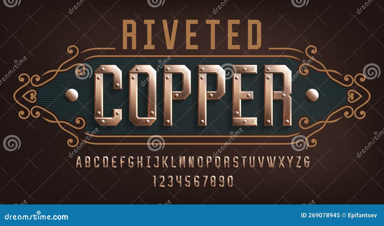Riveted Copper Alphabet Font. Riveted Letters and Numbers Stock Vector ...