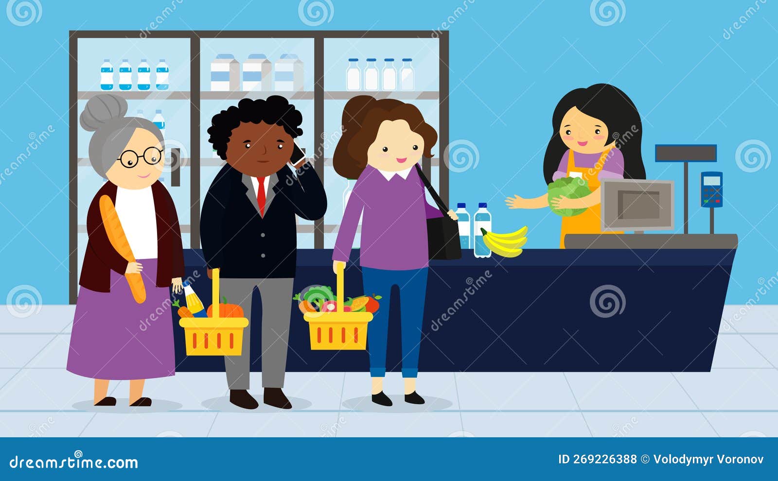 Customers At Supermarket Checkout Cartoon Illustration | CartoonDealer ...