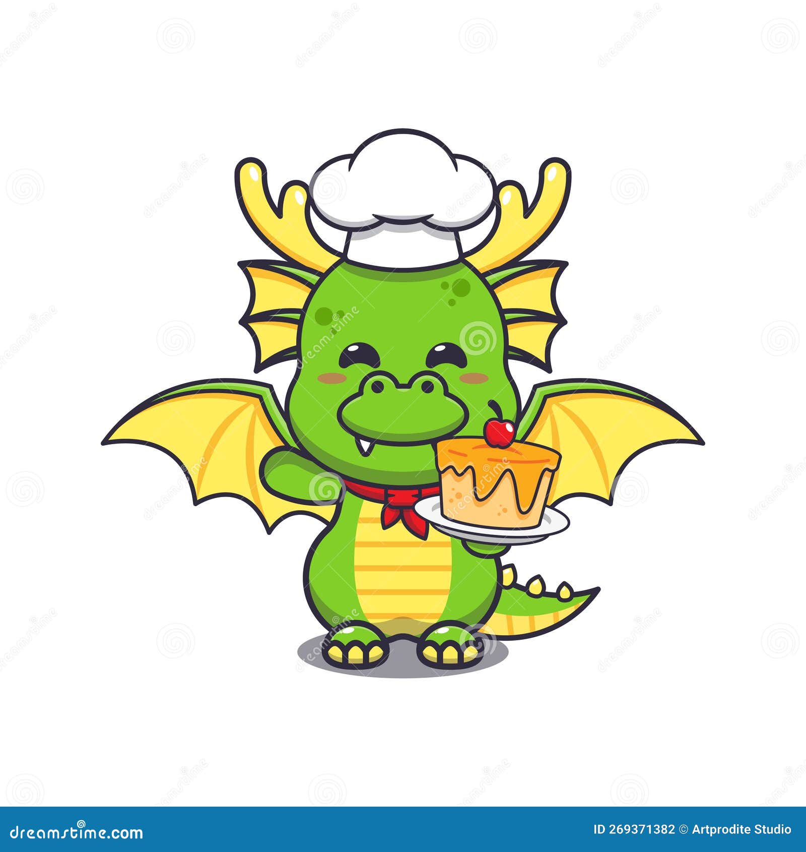Cute Chef Dragon Mascot Cartoon Character with Cake. Stock Vector ...