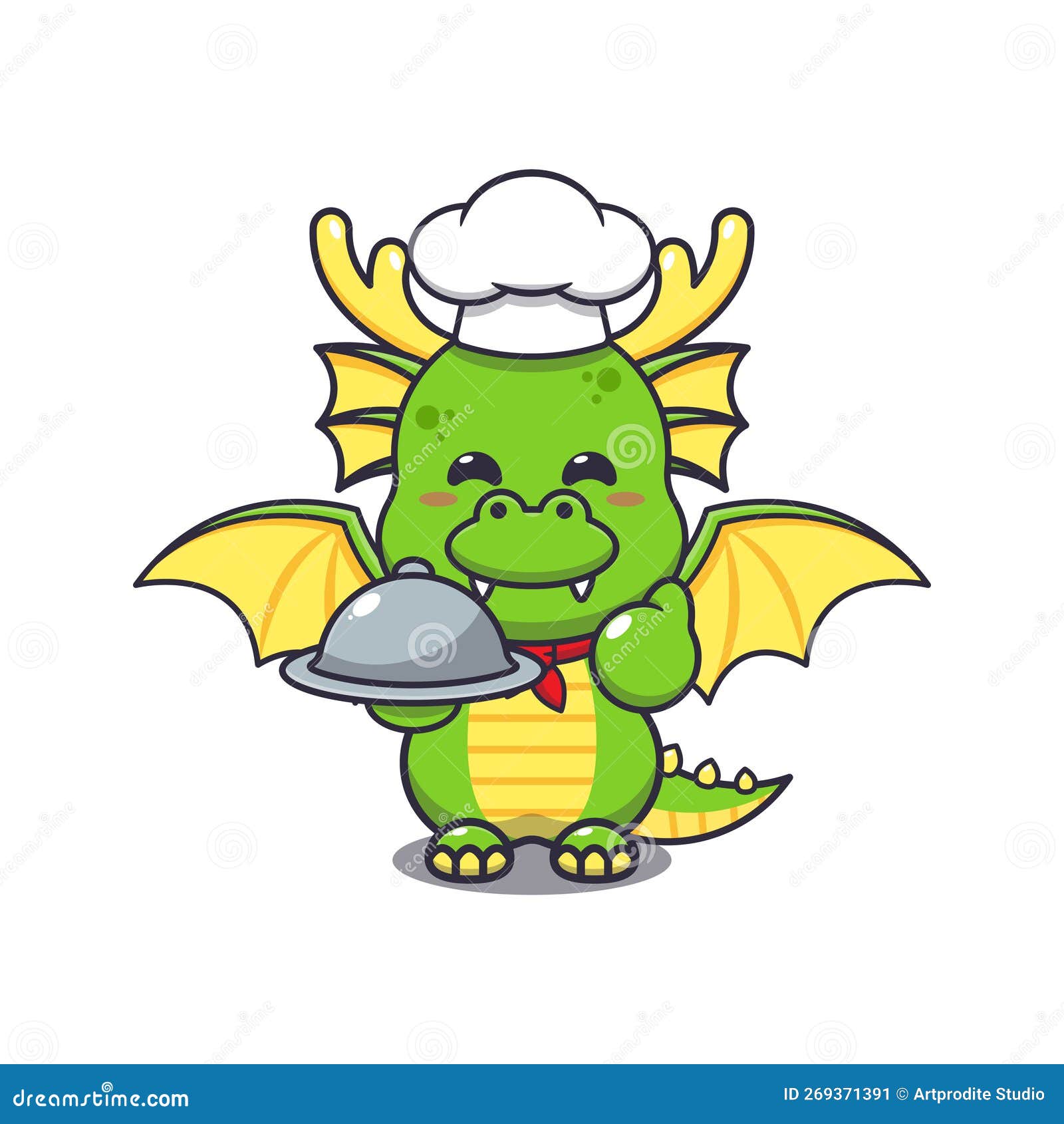 Cute Chef Dragon Mascot Cartoon Character with Dish. Stock Illustration ...