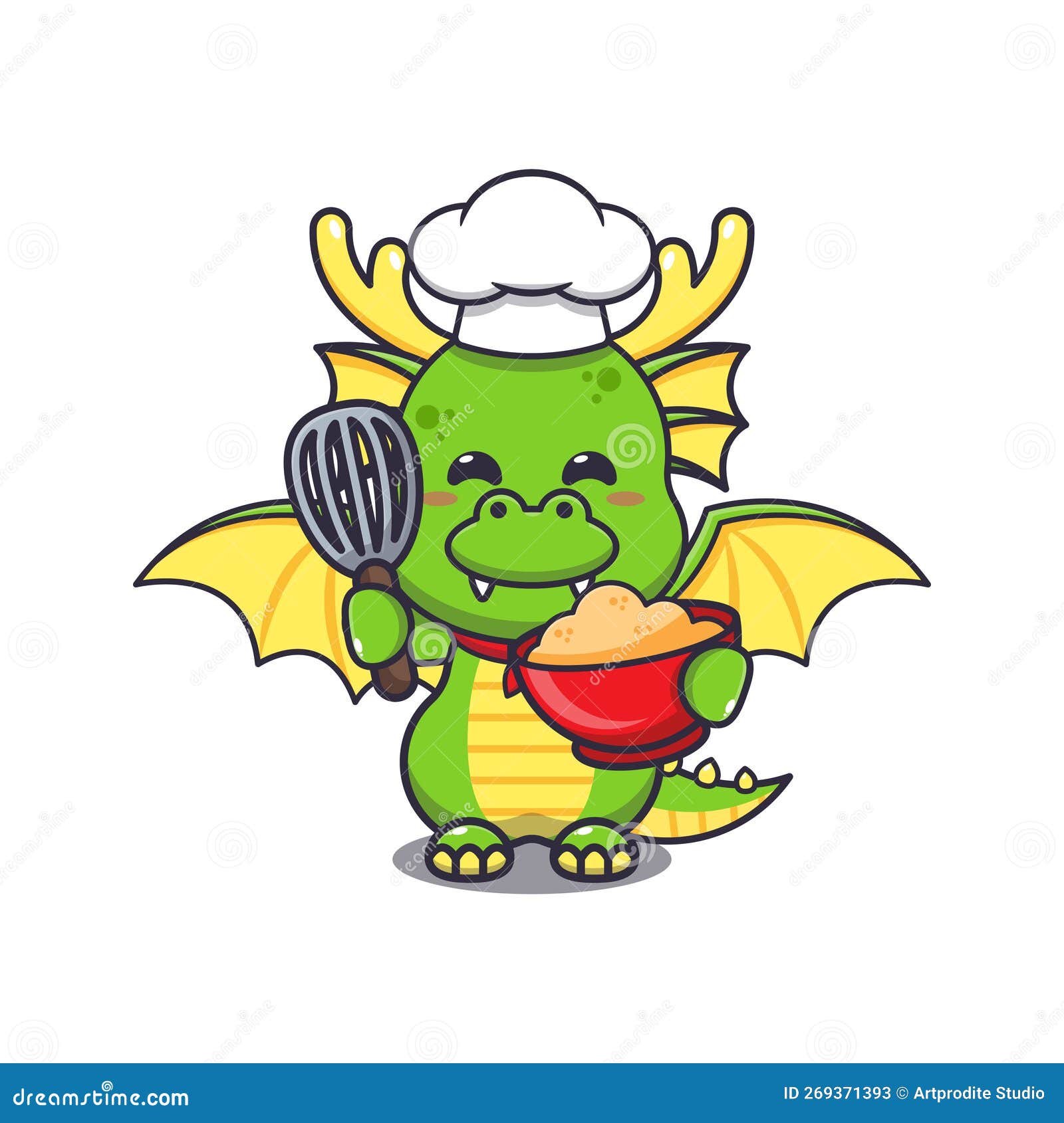 Cute Chef Dragon Mascot Cartoon Character with Cake Dough. Stock Vector ...