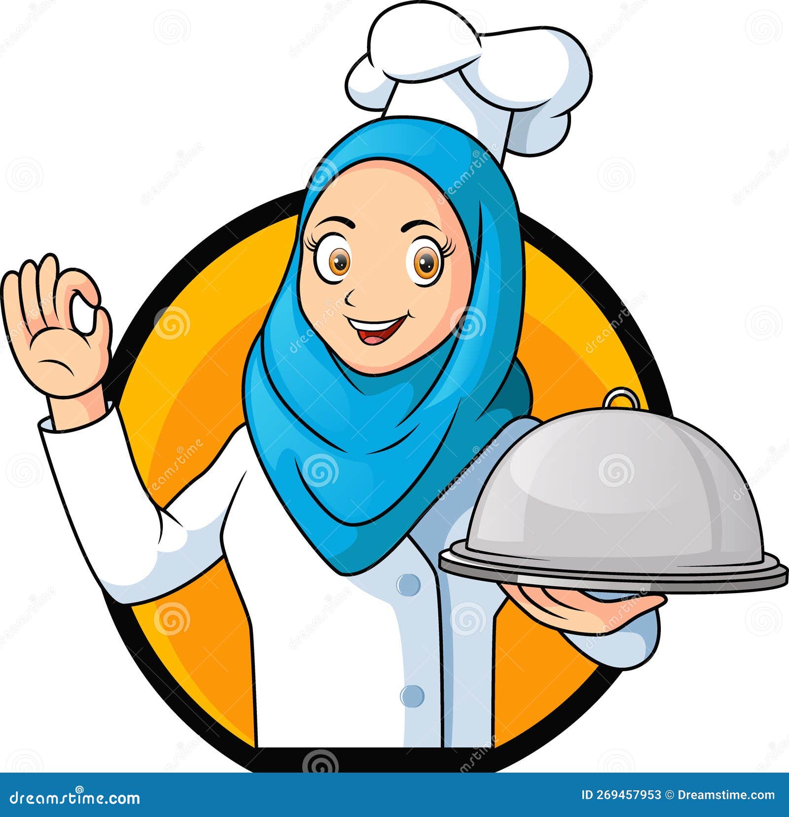 Cute Chef Girl Cartoon Holding a Silver Platter and Ok Sign Stock ...