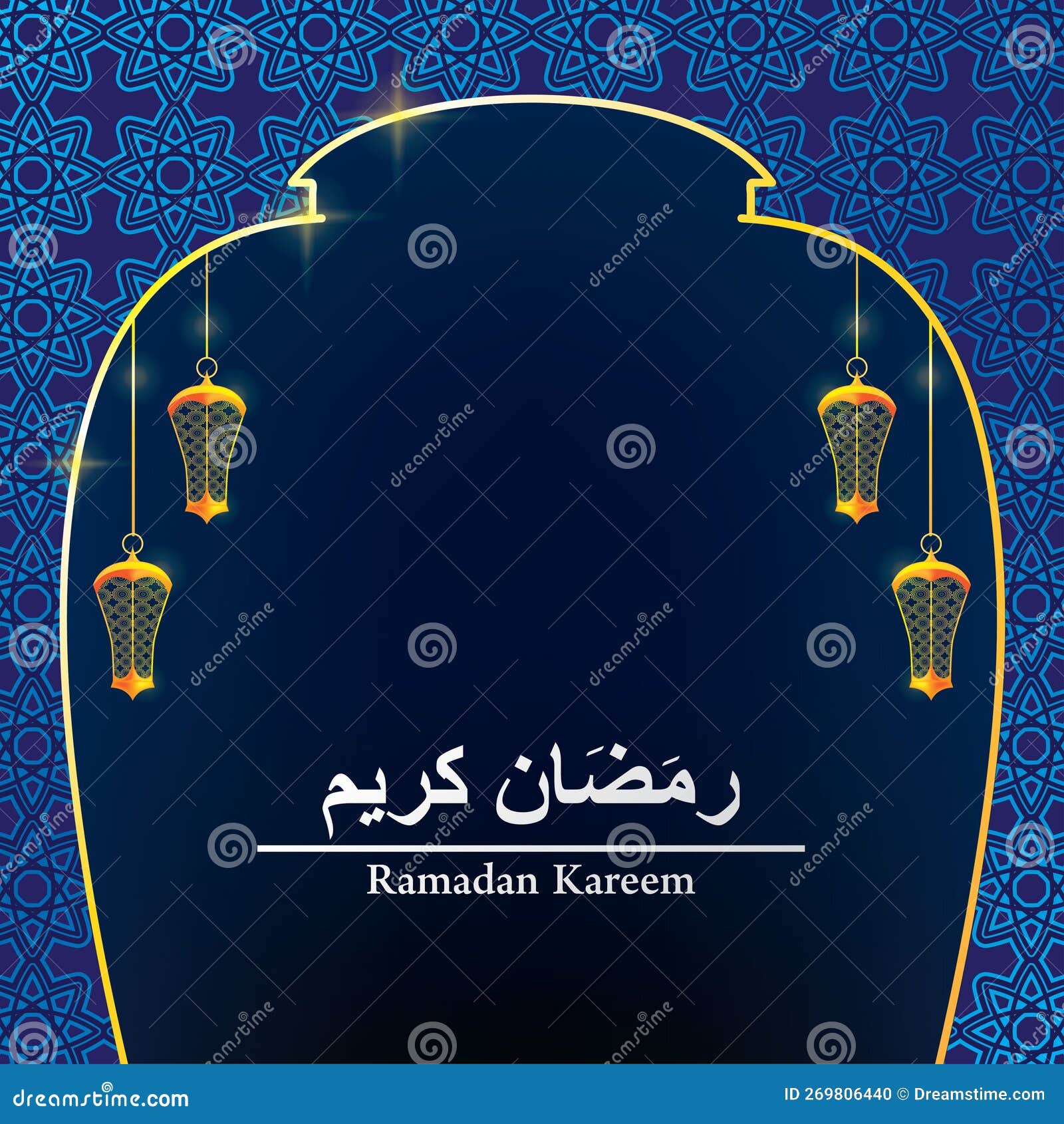 Blue Ramadan Kareem Greeting Card with Golden Lanterns Vector ...