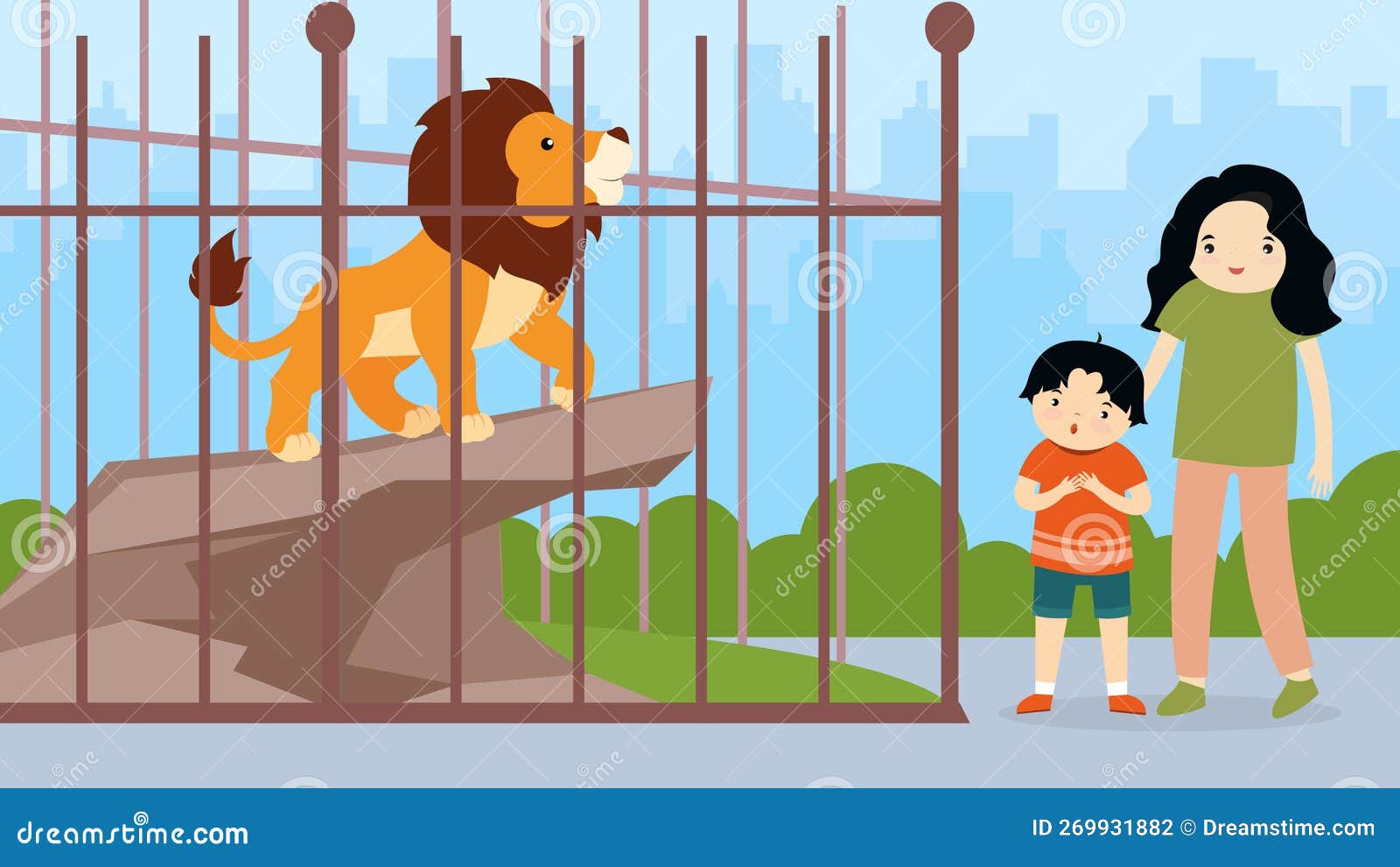 Mother and Son with Lion in the Cage. Stock Vector - Illustration of ...