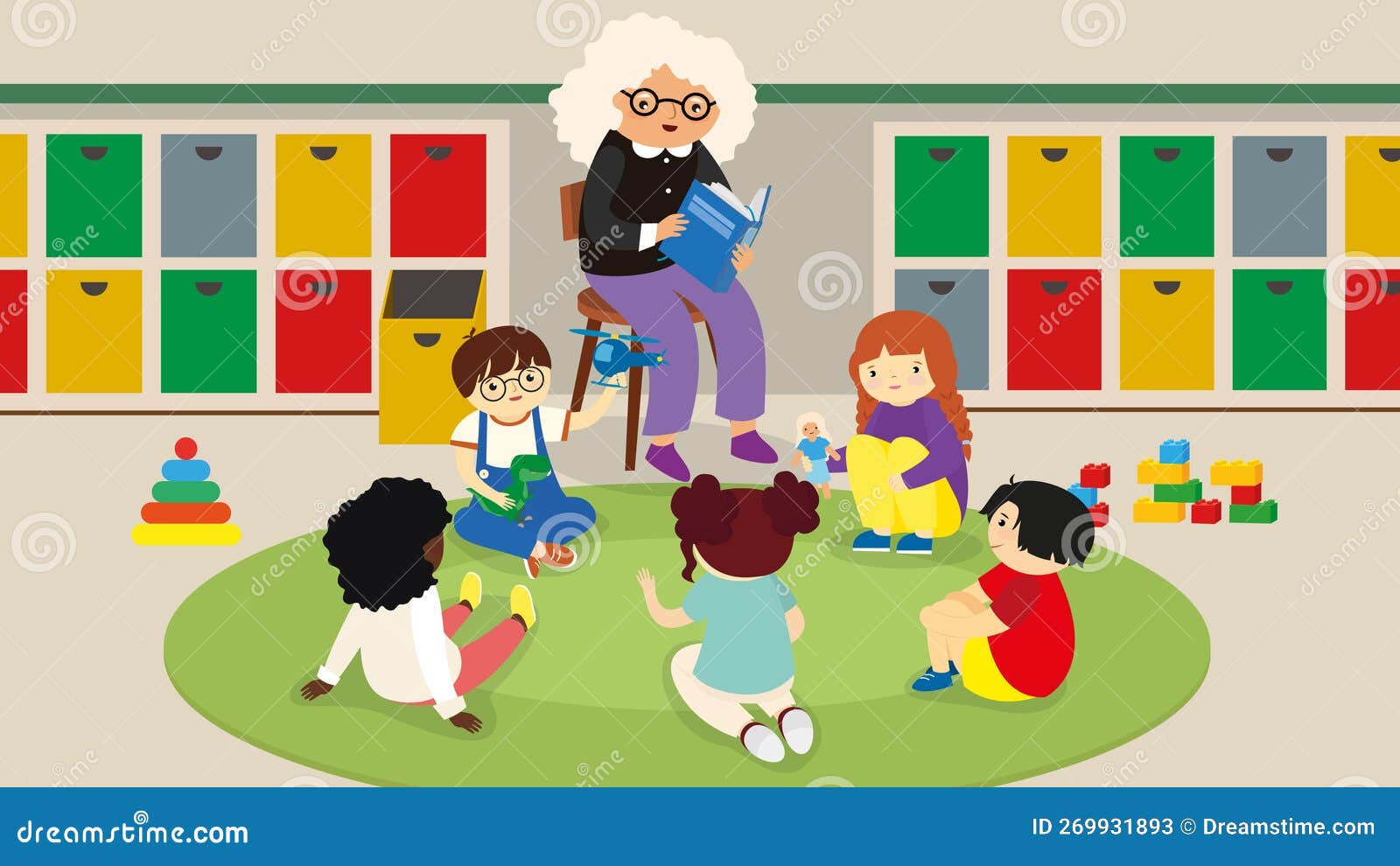 Grandmother Reading a Book To Her Grandchildren in the Kindergarten ...