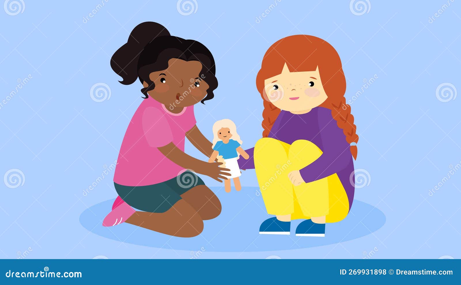 Two Girls Sitting on Floor and Playing with Doll. Stock Vector ...