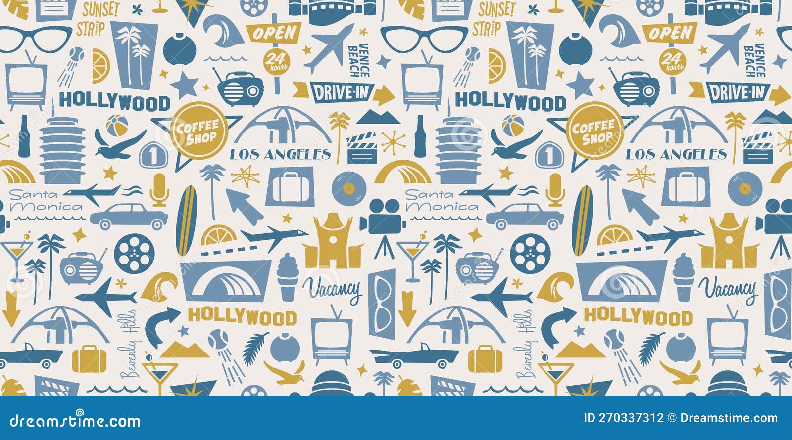 Los Angeles Retro Icons Pattern, Illustrated L.a. Buildings and ...