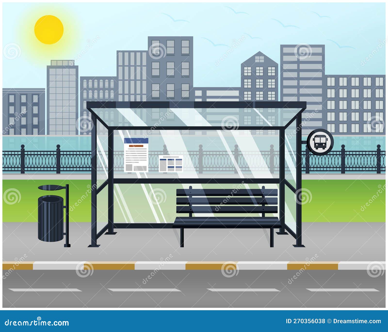 Cityscape Bus Stop Illustration, Public Transport Bus Station Stock ...