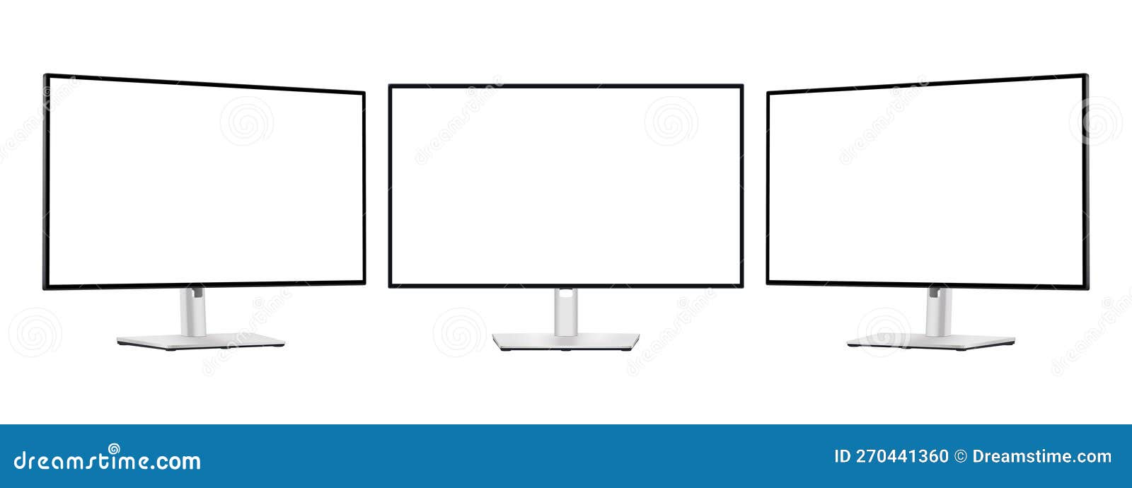 Modern Silver Computer Monitors with Blank Screens, Front and Side View ...