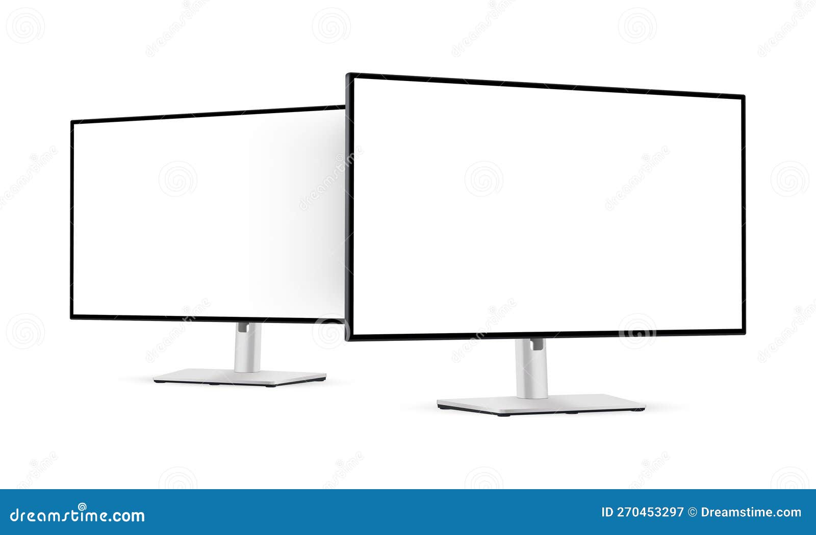 Silver Computer Monitors with Blank Screens, Side Perspective View ...