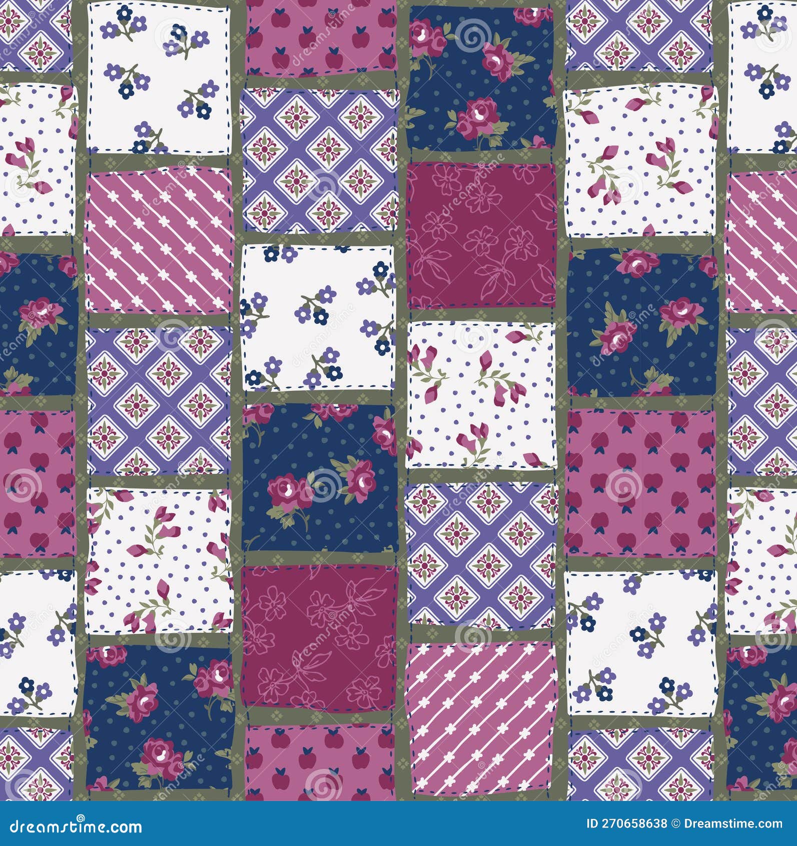 Vector Abstract Hand Drawn Seamless Patchwork Pattern with Floral ...