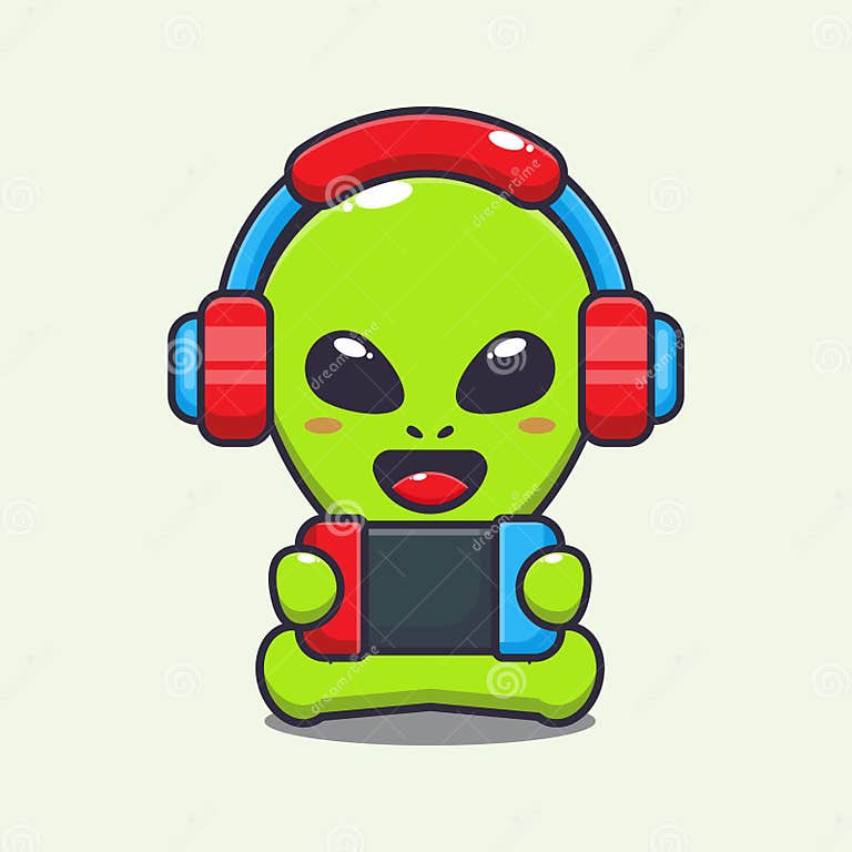 Cute Alien Play a Game Cartoon Vector Illustration. Stock Vector ...