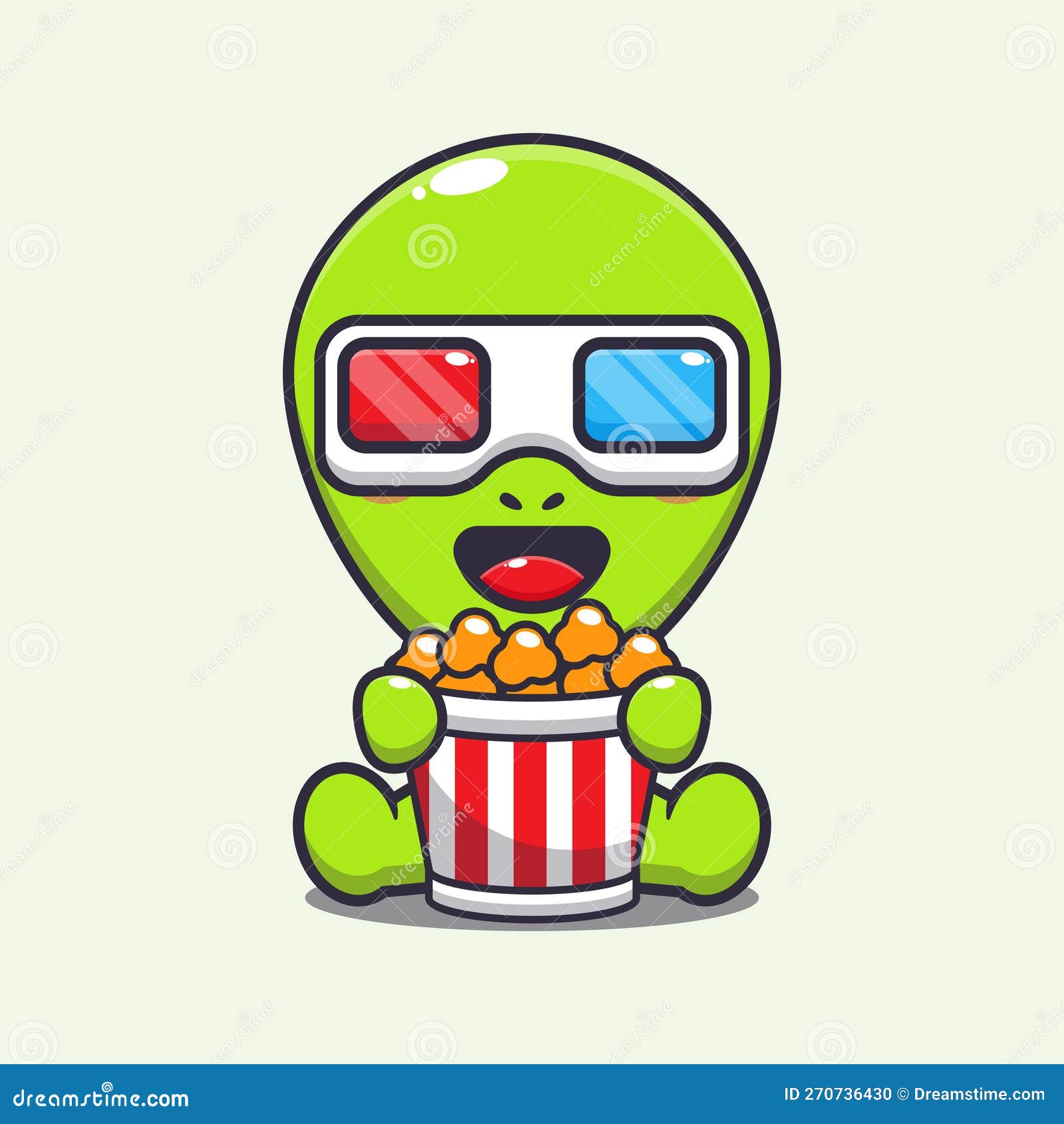 Cute Alien Eating Popcorn and Watch 3d Movie Cartoon Vector ...