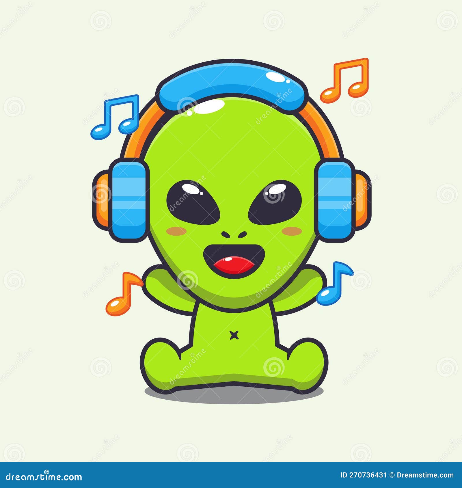 Cute Alien Listening Music with Headphone Cartoon Vector Illustration ...