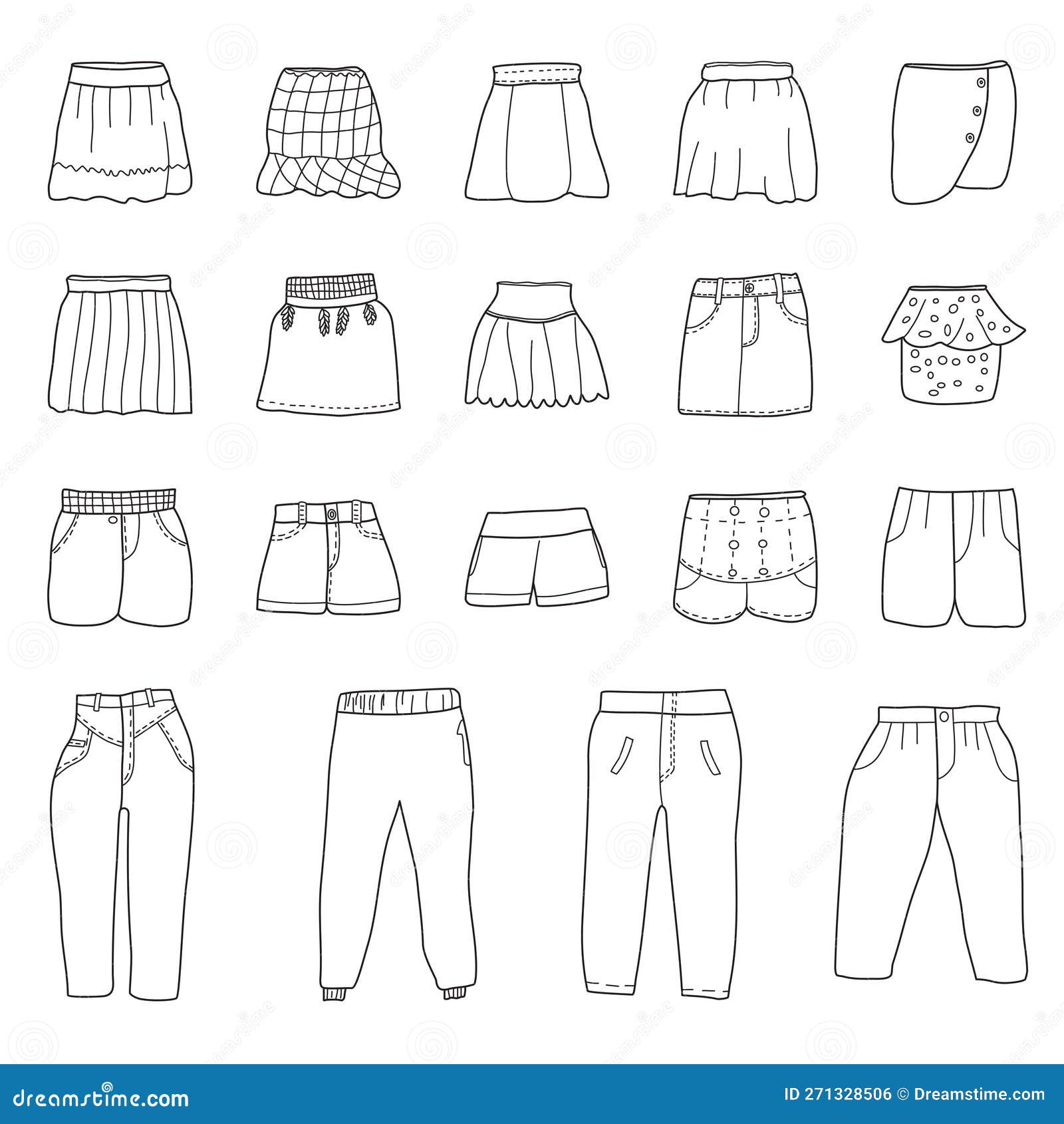 Hand Drawn Line Drawings of Pants, Shorts and Skirt. Stock Vector ...