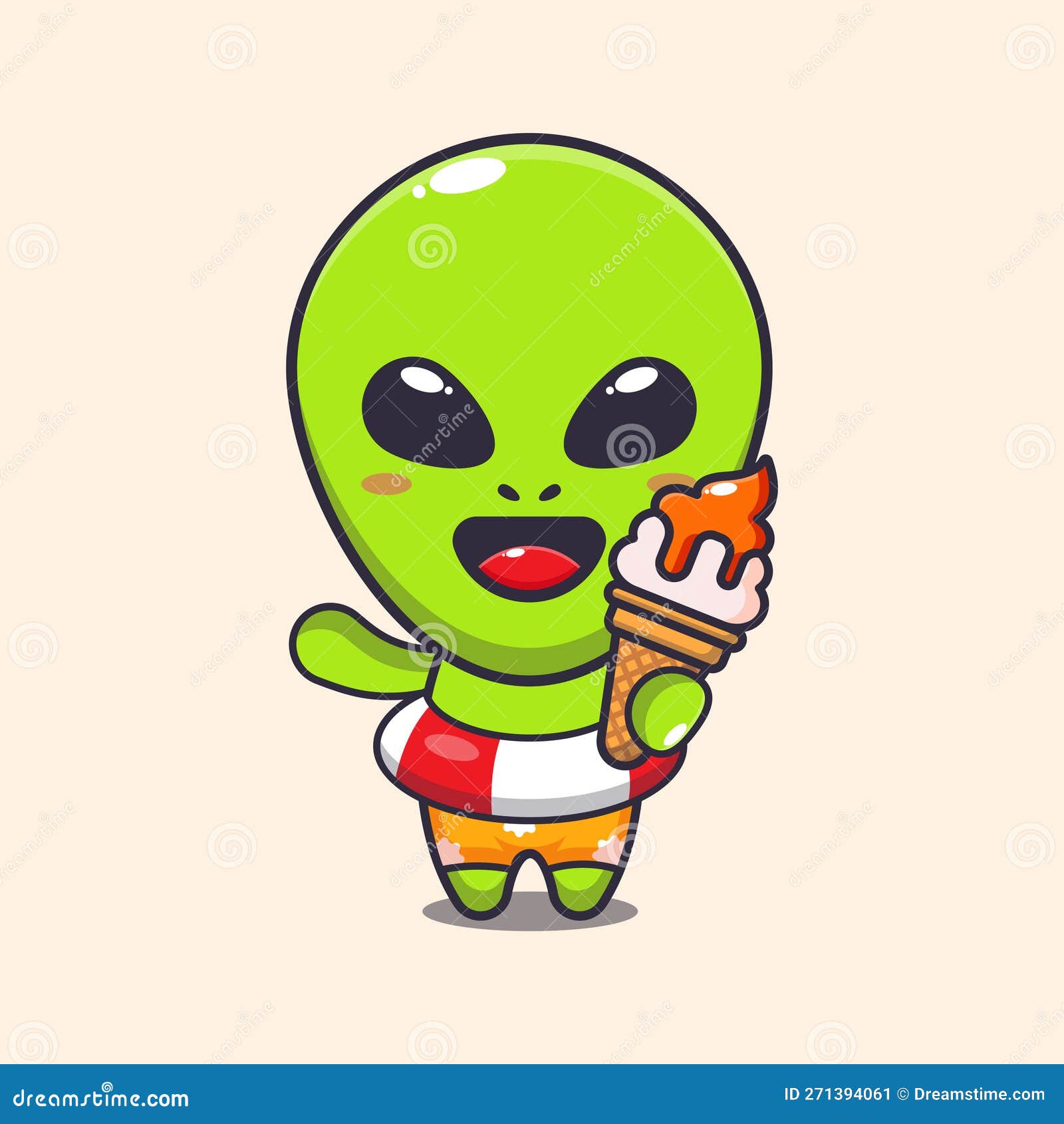 Cute Alien with Ice Cream on Beach Cartoon Vector Illustration. Stock ...
