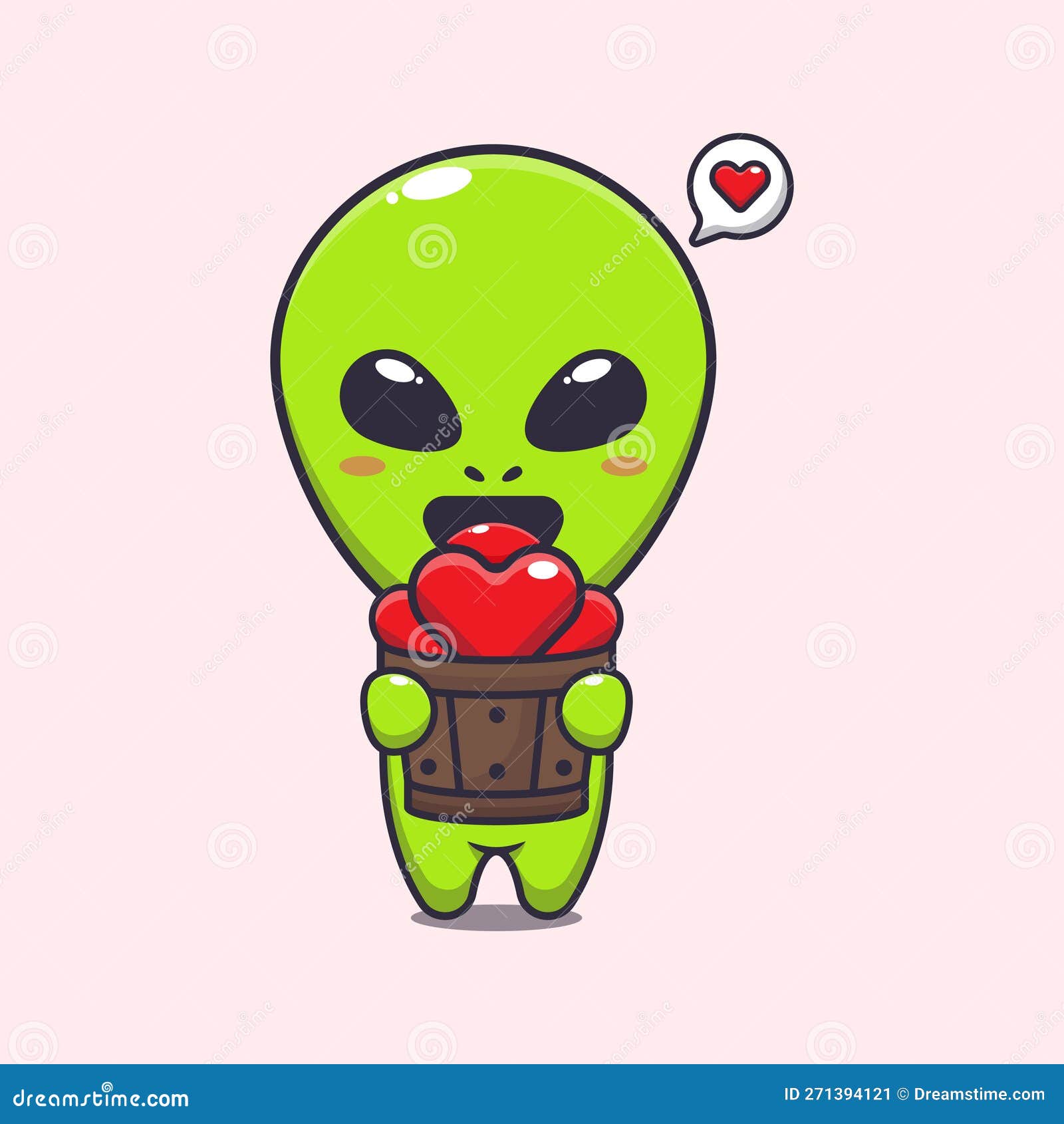 Cute Alien Holding Love in Wood Bucket Cartoon Vector Illustration ...