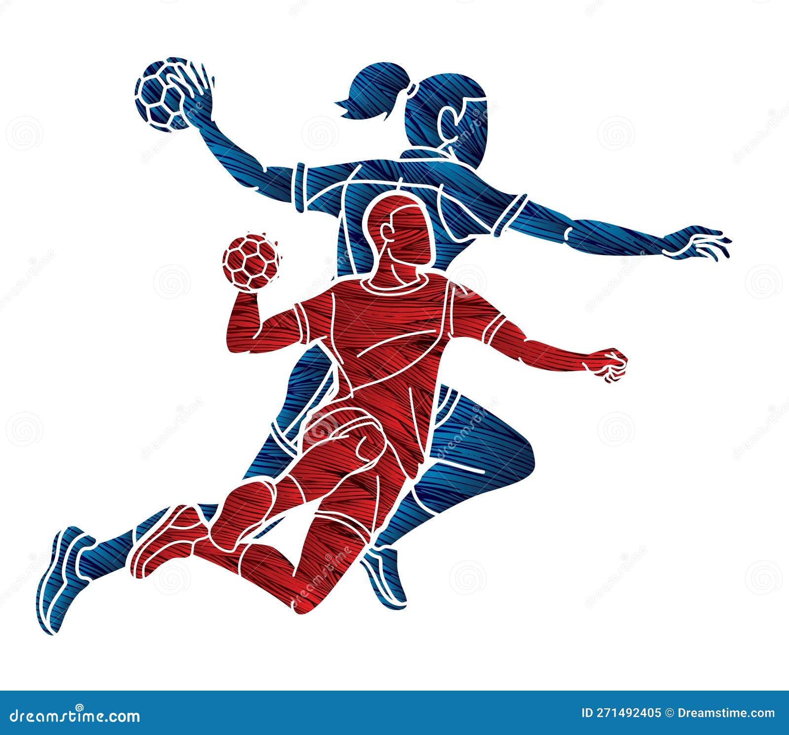 Handball Sport Team Male and Female Players Mix Action Cartoon Graphic ...