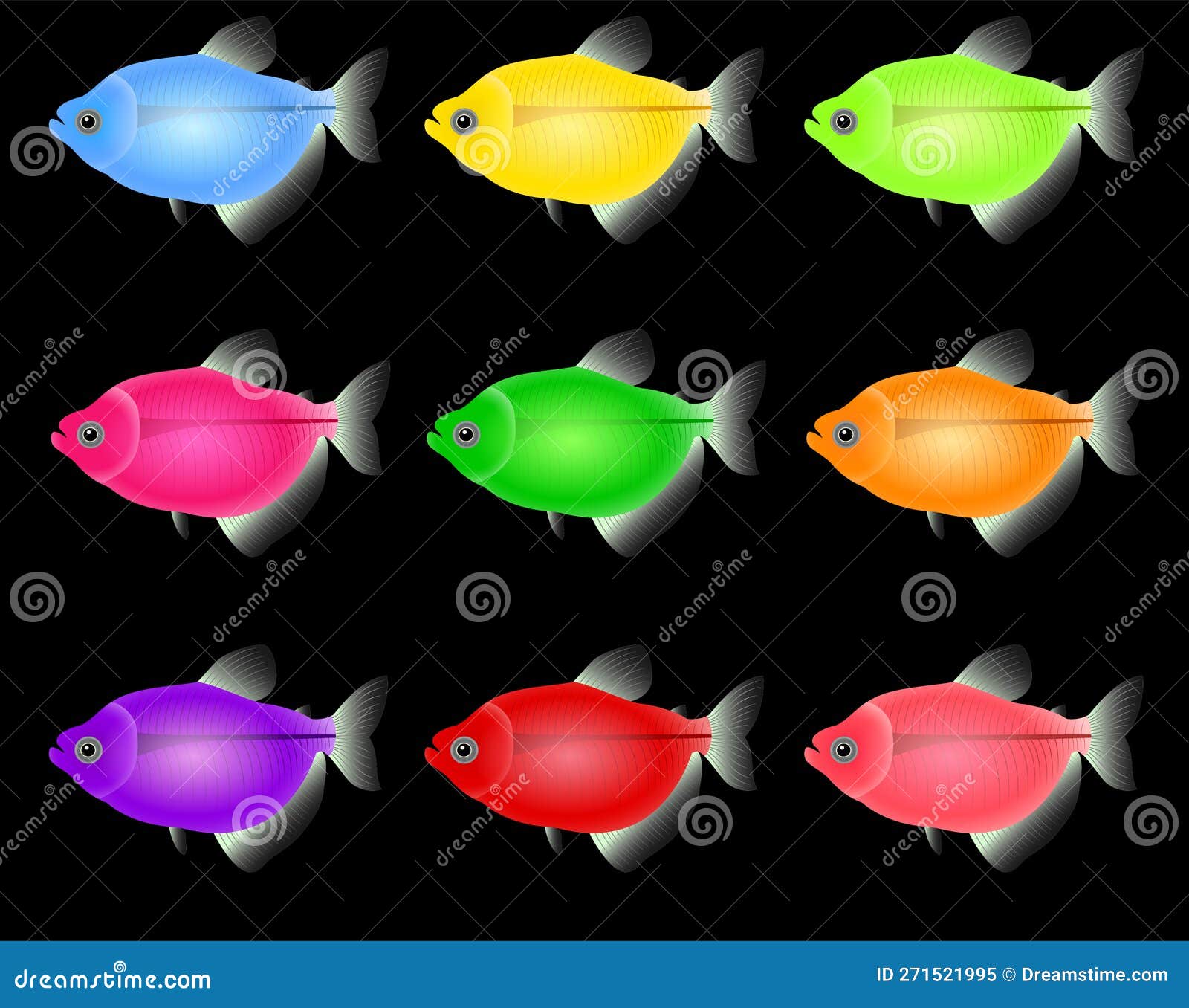Isolated River Glow Fish. Set of Freshwater Aquarium Cartoon Fishes ...