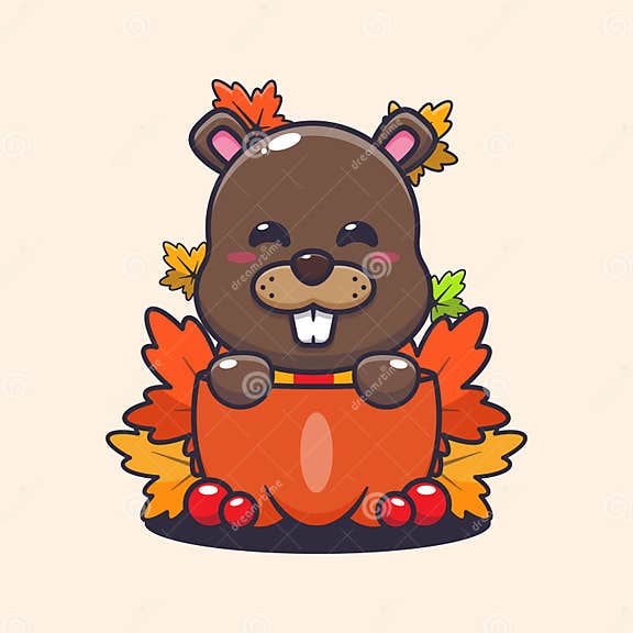 Cute Beaver in a Pumpkin at Autumn Season. Stock Vector - Illustration ...