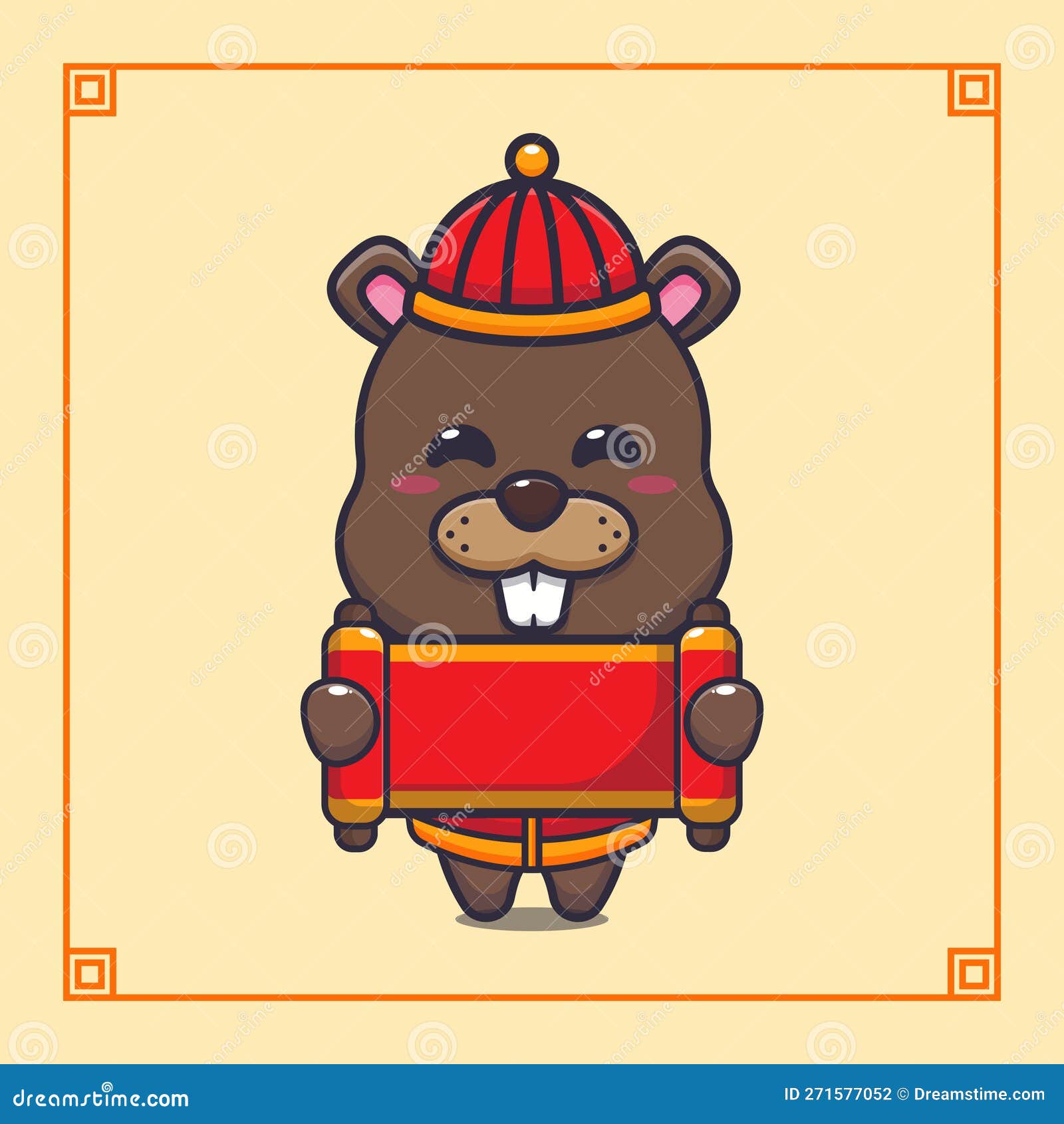 Cute Beaver Holding Red Banner in Chinese New Year. Stock Vector ...