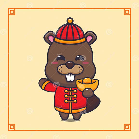 Cute Beaver Holding Gold Money in Chinese New Year. Stock Vector ...