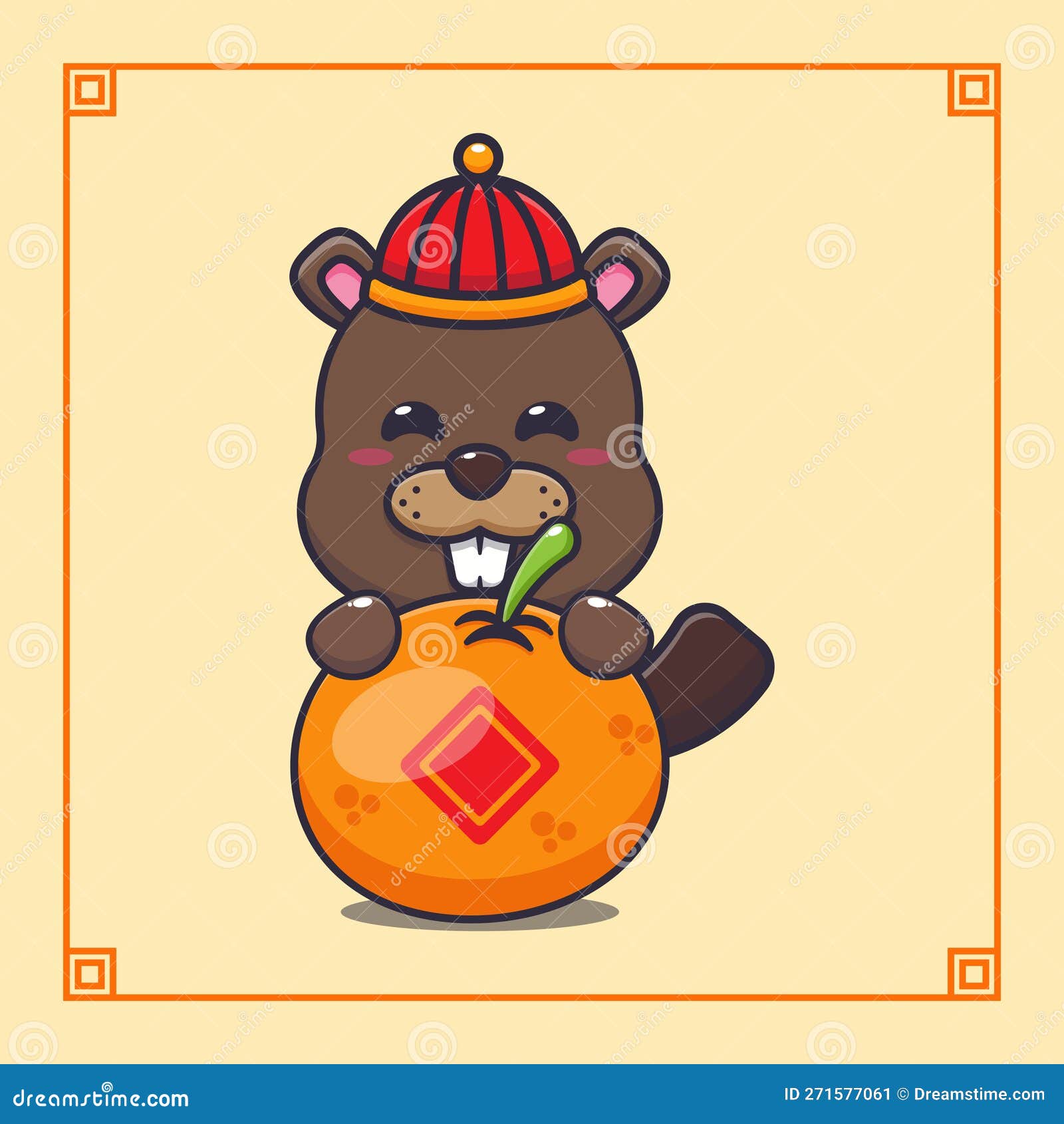 Cute Beaver with Big Orange in Chinese New Year. Stock Vector ...