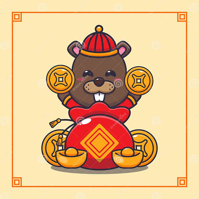 Cute Happy Beaver in Chinese New Year Cartoon Vector Illustration ...