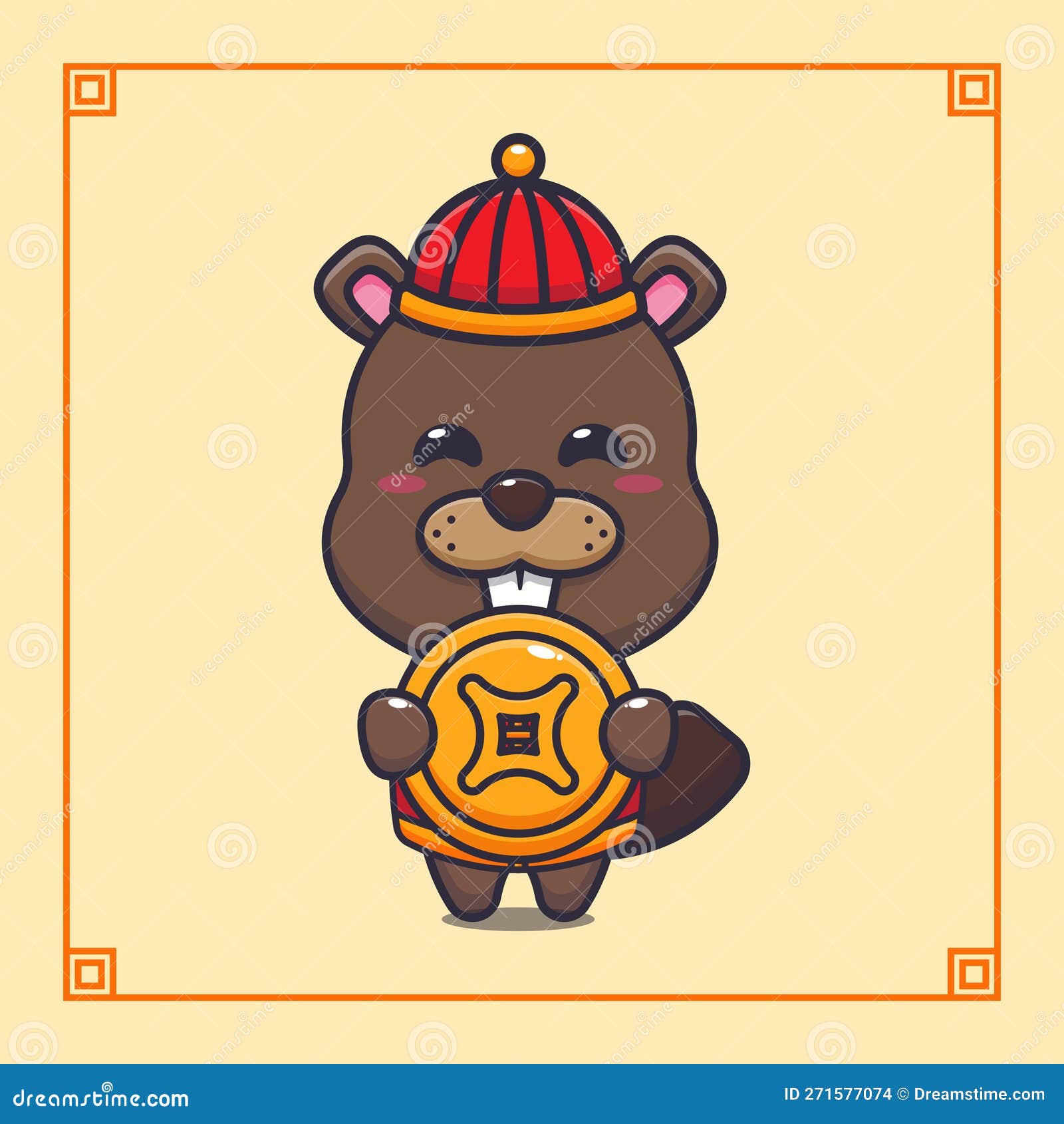 Cute Beaver with Gold Coin in Chinese New Year. Stock Vector ...