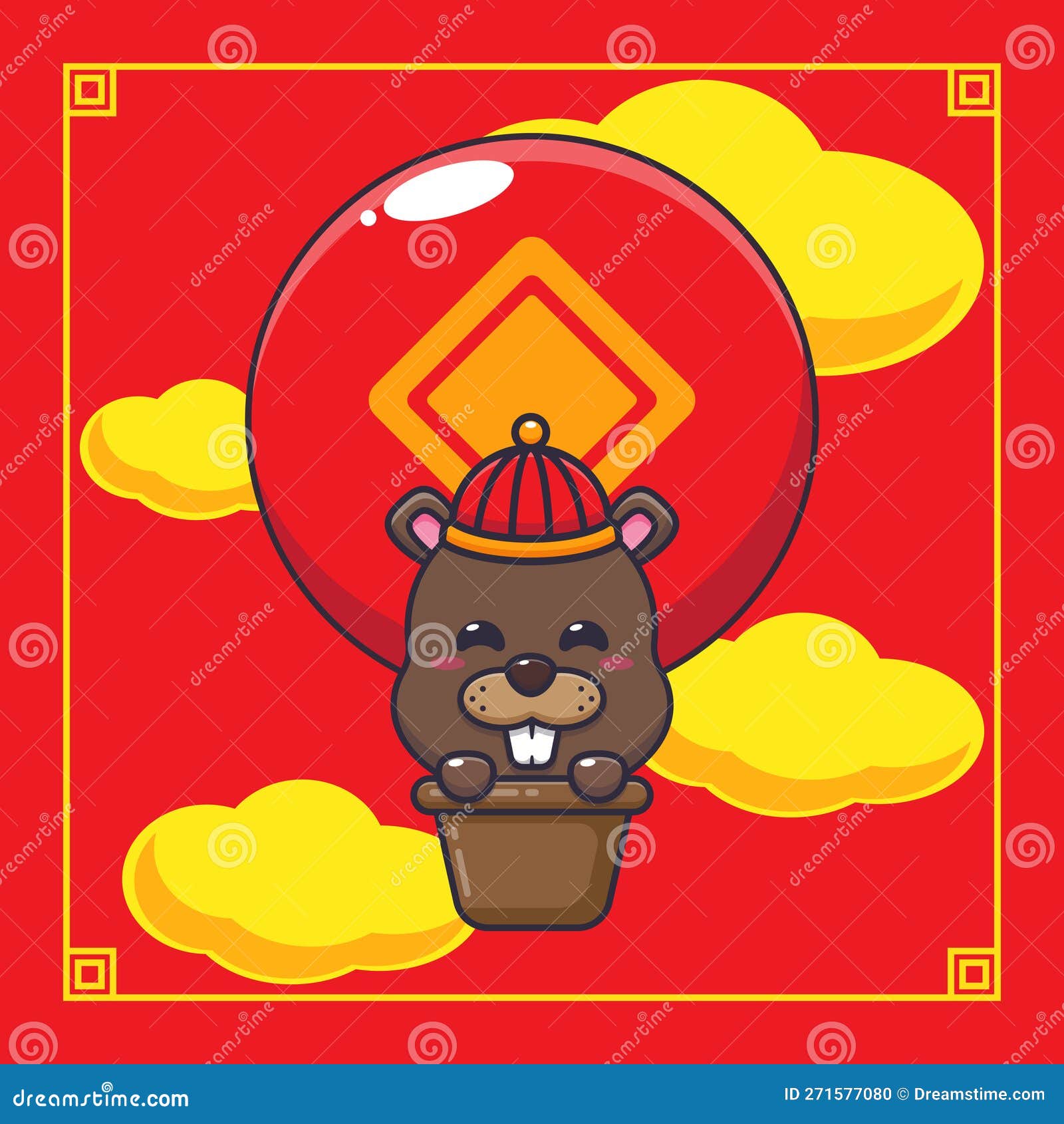 Cute Beaver Fly with Air Balloon in Chinese New Year. Stock Vector ...