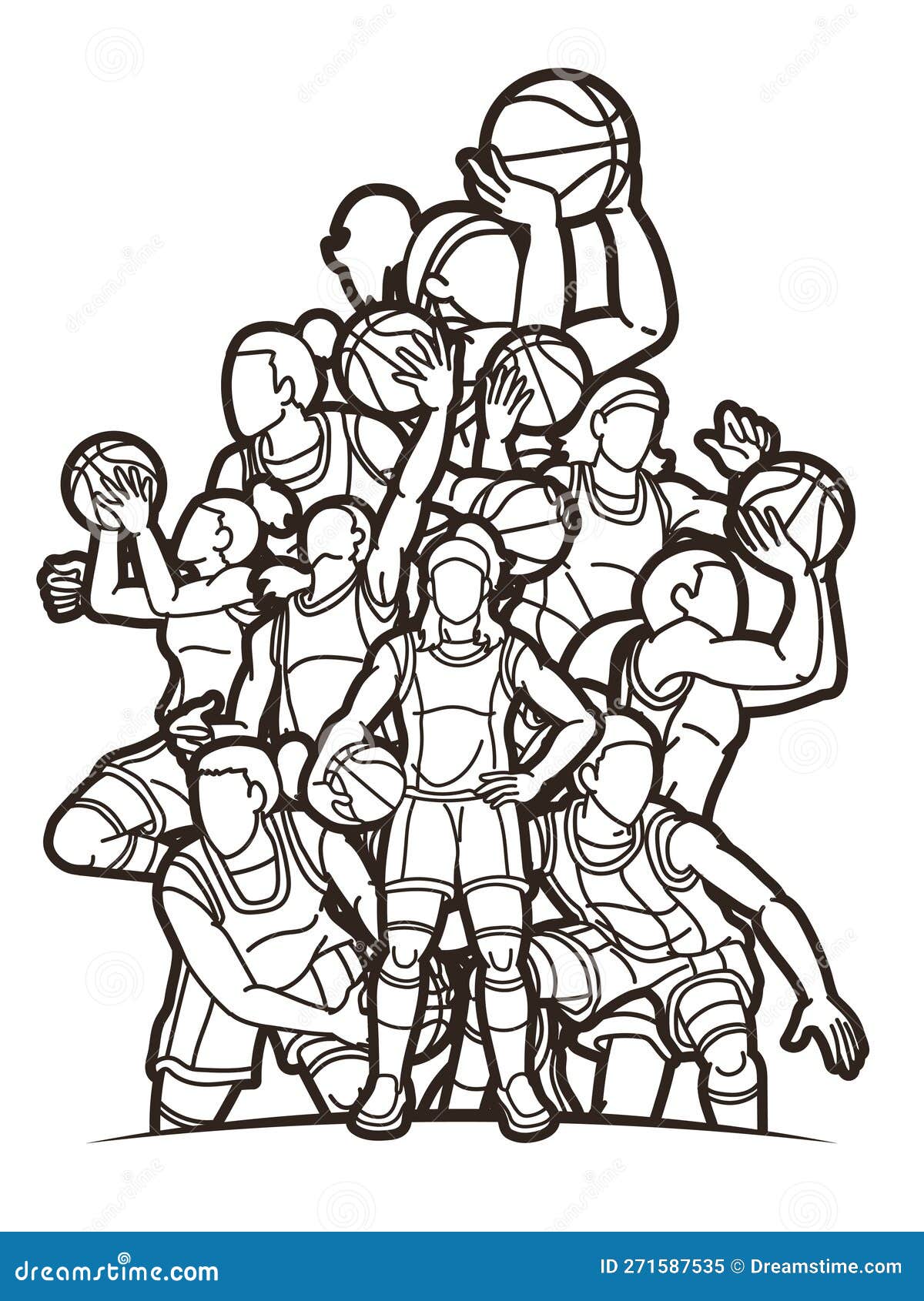 Group of Basketball Women Players Action Cartoon Sport Team Graphic ...