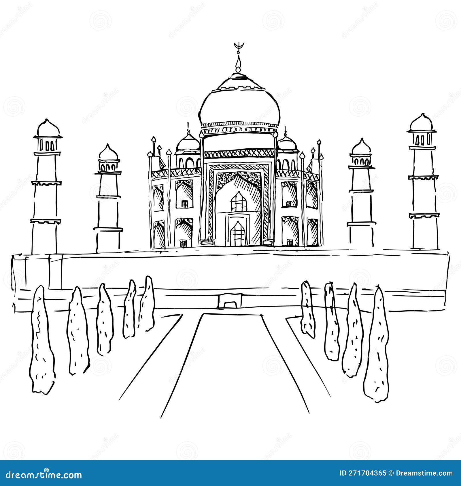 Taj Mahal. Drawing With Black Lines, Marker, Line Art. Cartoon Vector ...